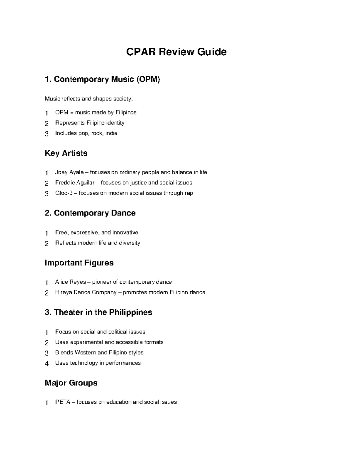 CPAR Review Guide 1: Contemporary Music, Dance, and Theater - Studocu