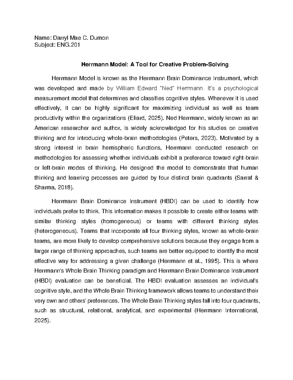 ENG.201 Final Exam: Understanding the Herrmann Brain Dominance Model ...