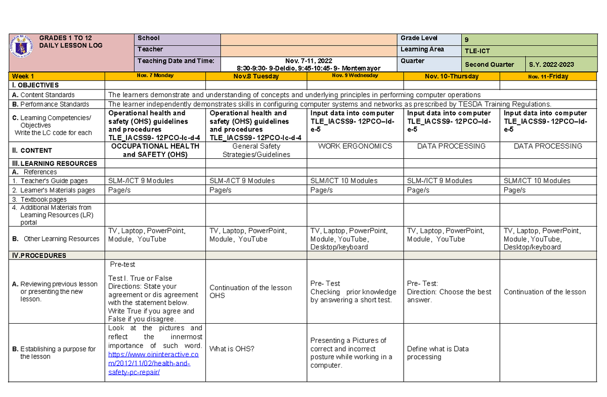 Week 1 Daily Lesson Log (DLL) for TLE-ICT Grade 9: Nov 7-11, 2022 - Studocu