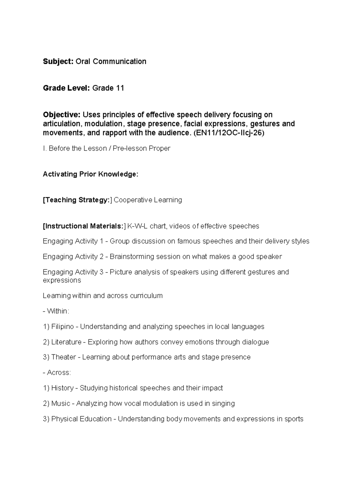 Grade 11 Oral Communication Lesson Plan: Effective Speech Delivery ...