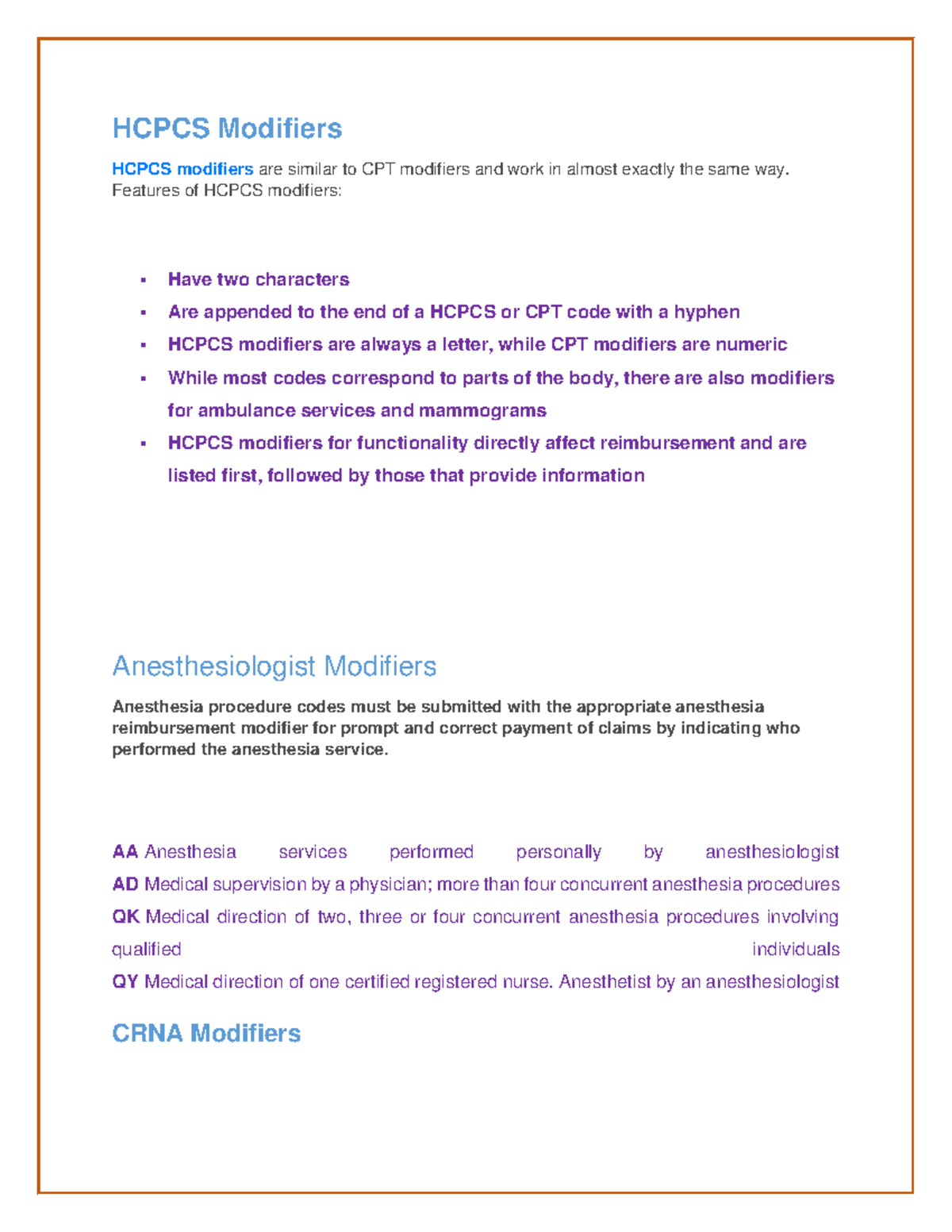 CPC Anaesthesia modifiers - HCPCS Modifiers HCPCS modifiers are similar ...