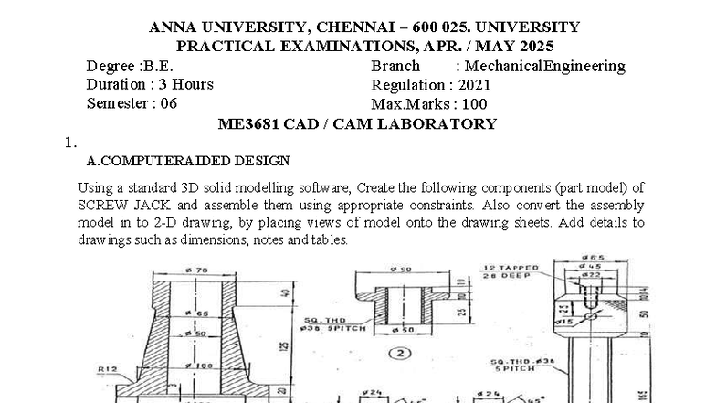 ME3681 CAD CAM LAB Practical Exam Questions - Apr/May 2025 - Studocu