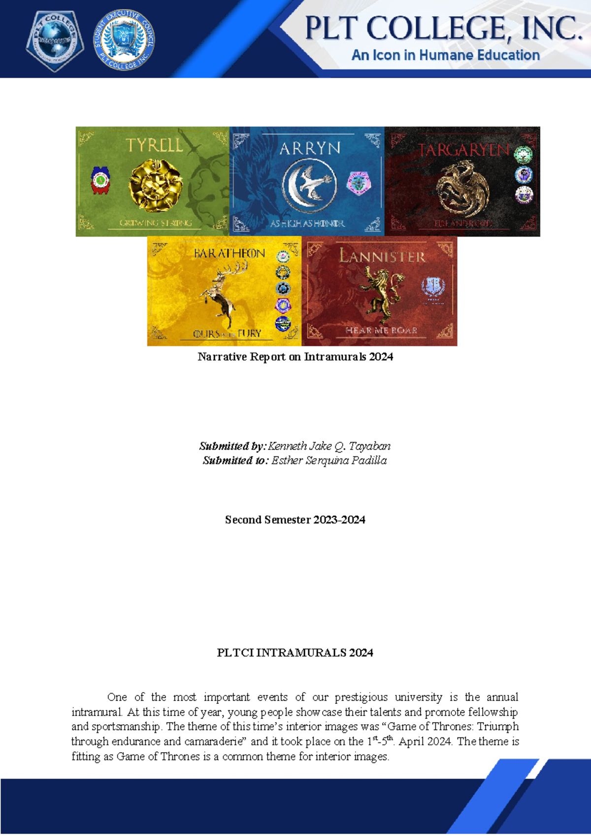 PLTCI Narrative Report on Intramurals 2024: Triumph and Team Spirit ...