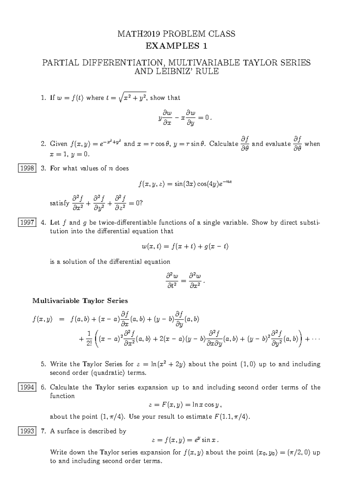 MATH2019 Problem Set 1: Partial Differentiation & Taylor Series - Studocu