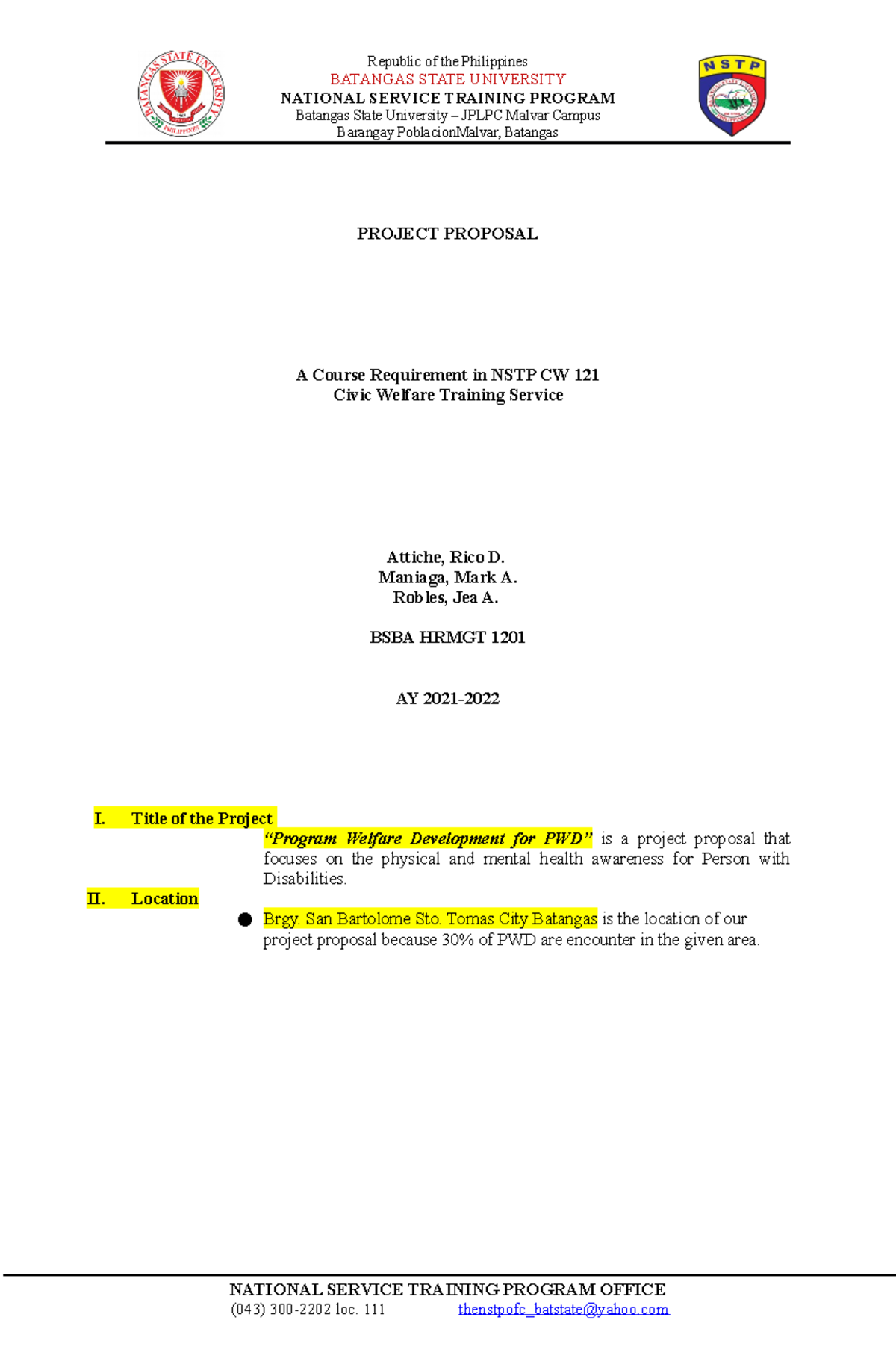 Project Proposal- person's with Disabilities - BATANGAS STATE ...