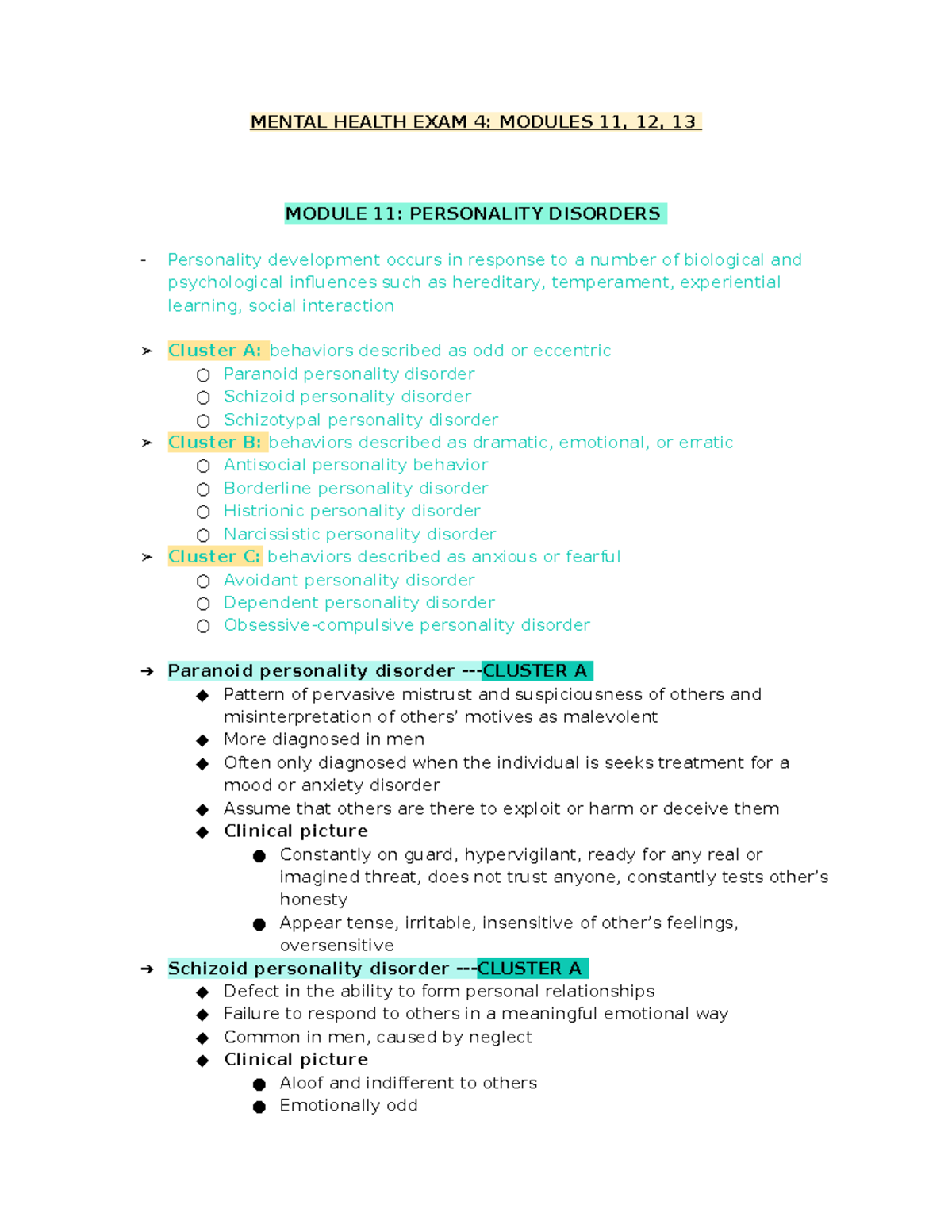 Mental Health Exam 4: Clusters of Personality Disorders & Treatment ...