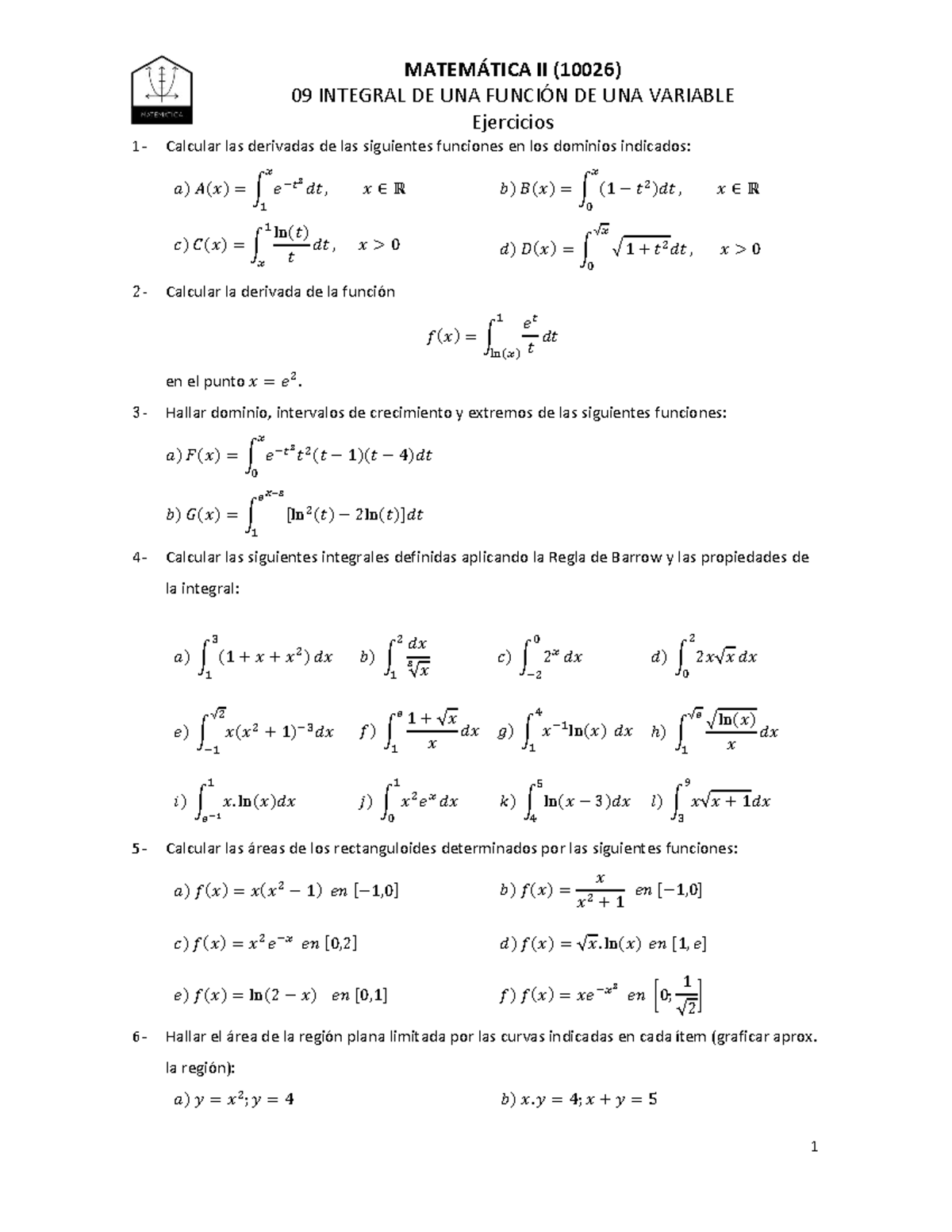 MATEMÁTICA II (10026) 09 Ejercicios de Integrales Definidas y Áreas ...