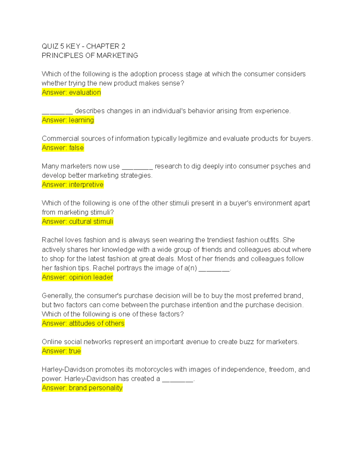 QUIZ 5 KEY - Chapter 5 - QUIZ 5 KEY - CHAPTER 2 PRINCIPLES OF MARKETING ...