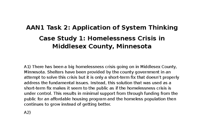 AAN1 Task 2: System Thinking Case Study on Homelessness Crisis - Studocu