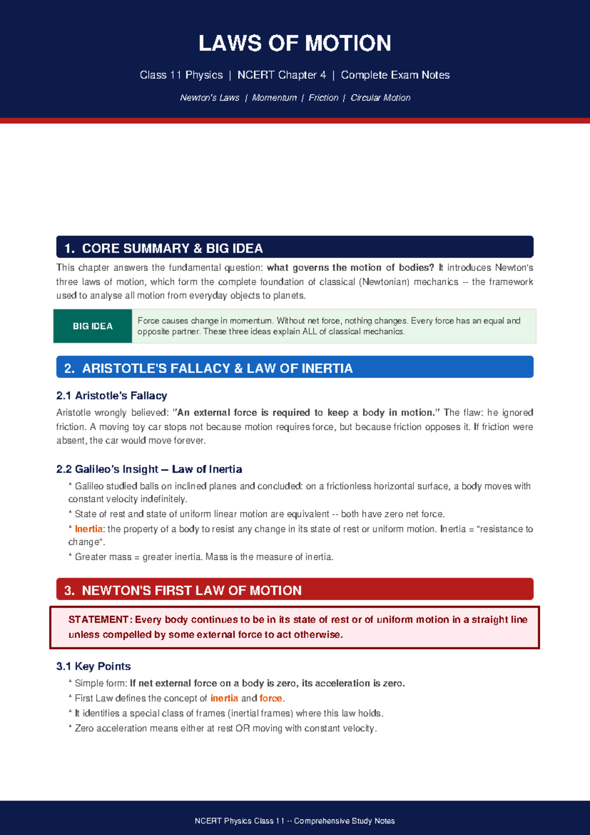 CH 4 - LAWS OF MOTION Class 11 Physics NCERT Comprehensive Study Notes ...
