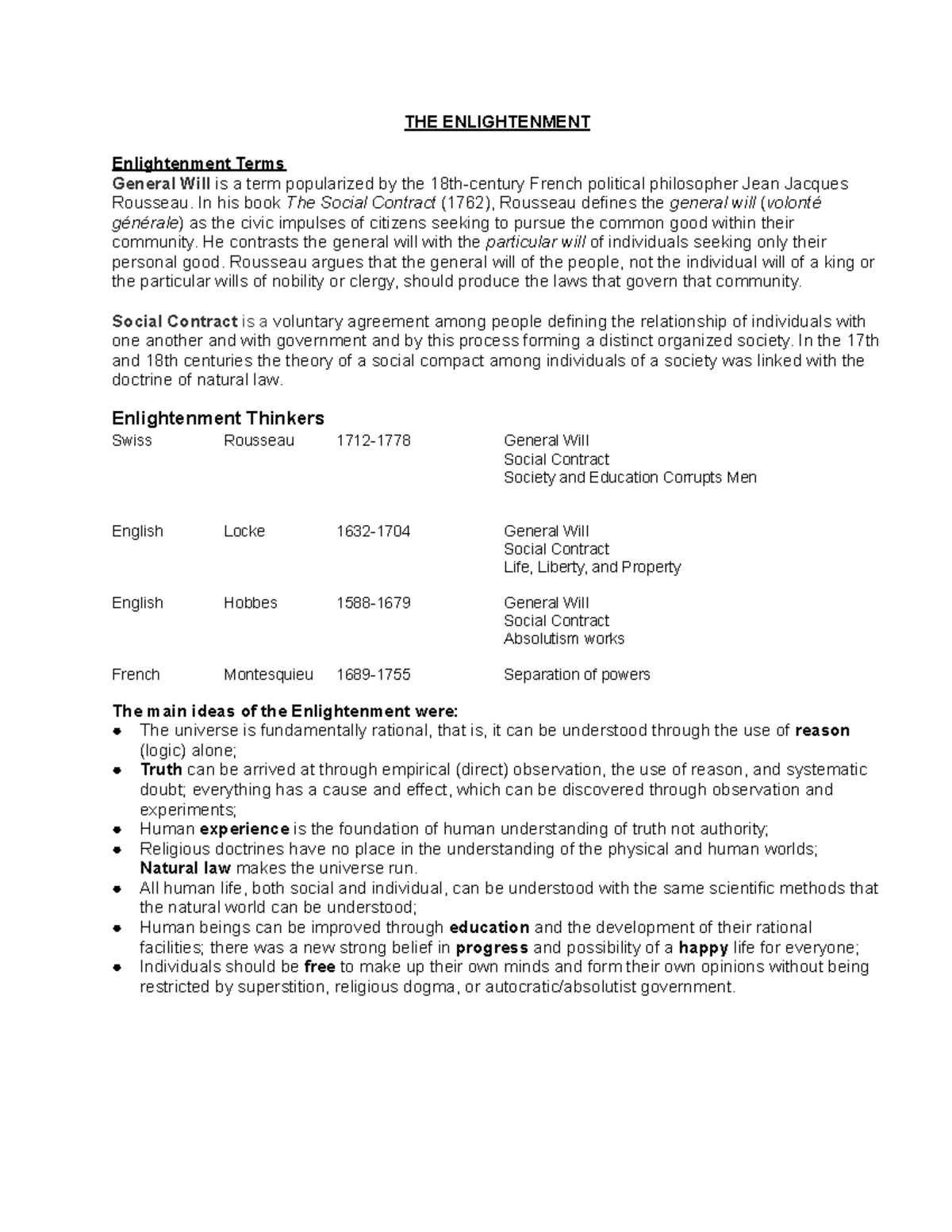 5.1 Enlightenment Handout - THE ENLIGHTENMENT Enlightenment Terms ...