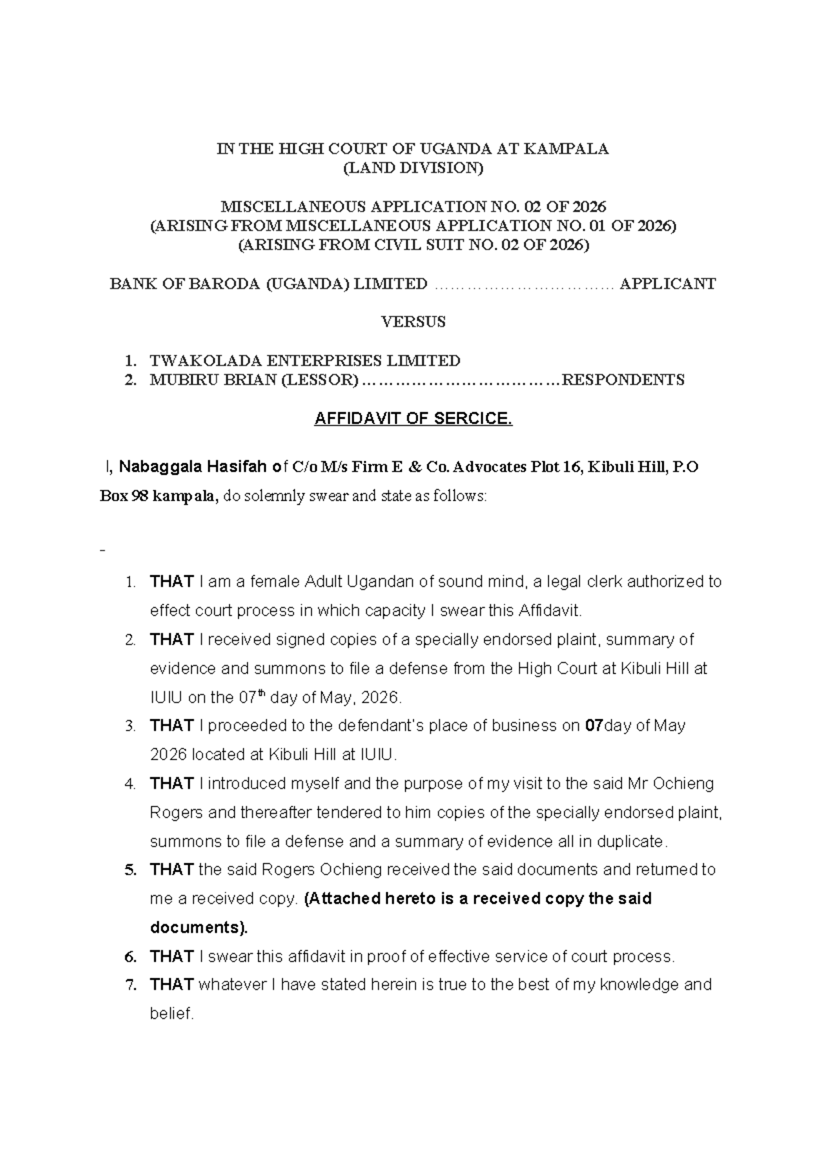 Affidavit of Service in Misc. App. No. 02 of 2026 - Bank of Baroda ...