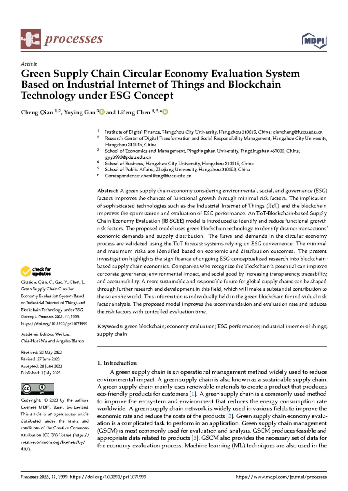 Green Supply Chain Circular Economy Evaluation Model: IIoT & Blockchain ...