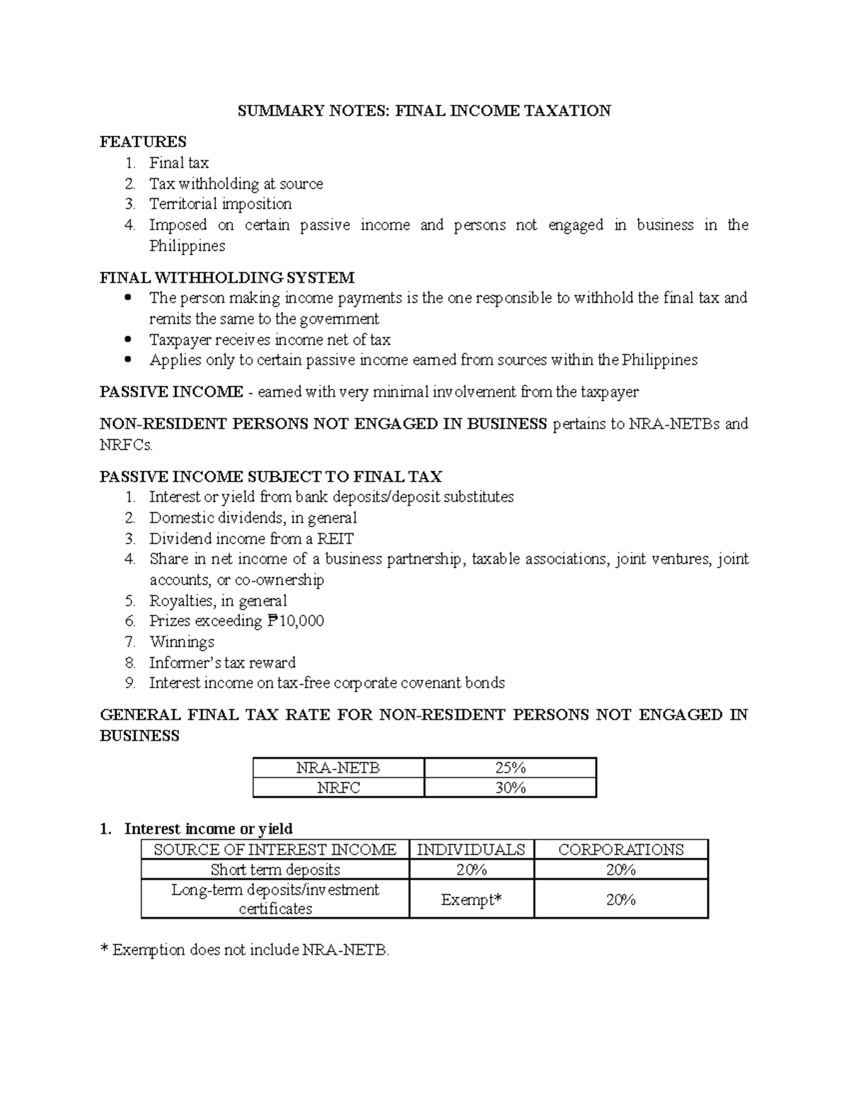 Summary Notes on Final Taxation - SUMMARY NOTES: FINAL INCOME TAXATION ...