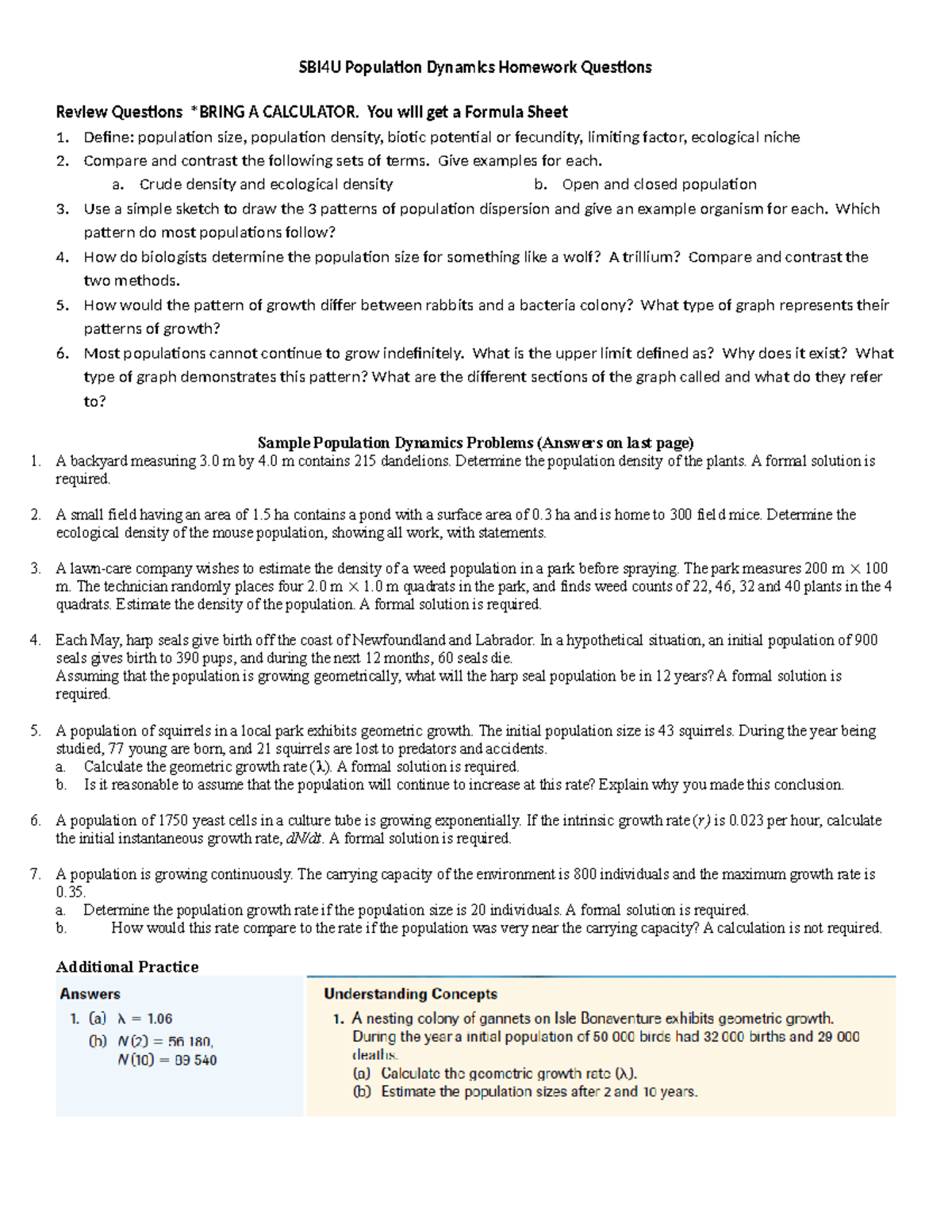 SBI4U Population Dynamics Practice Questions Review Guide - Studocu