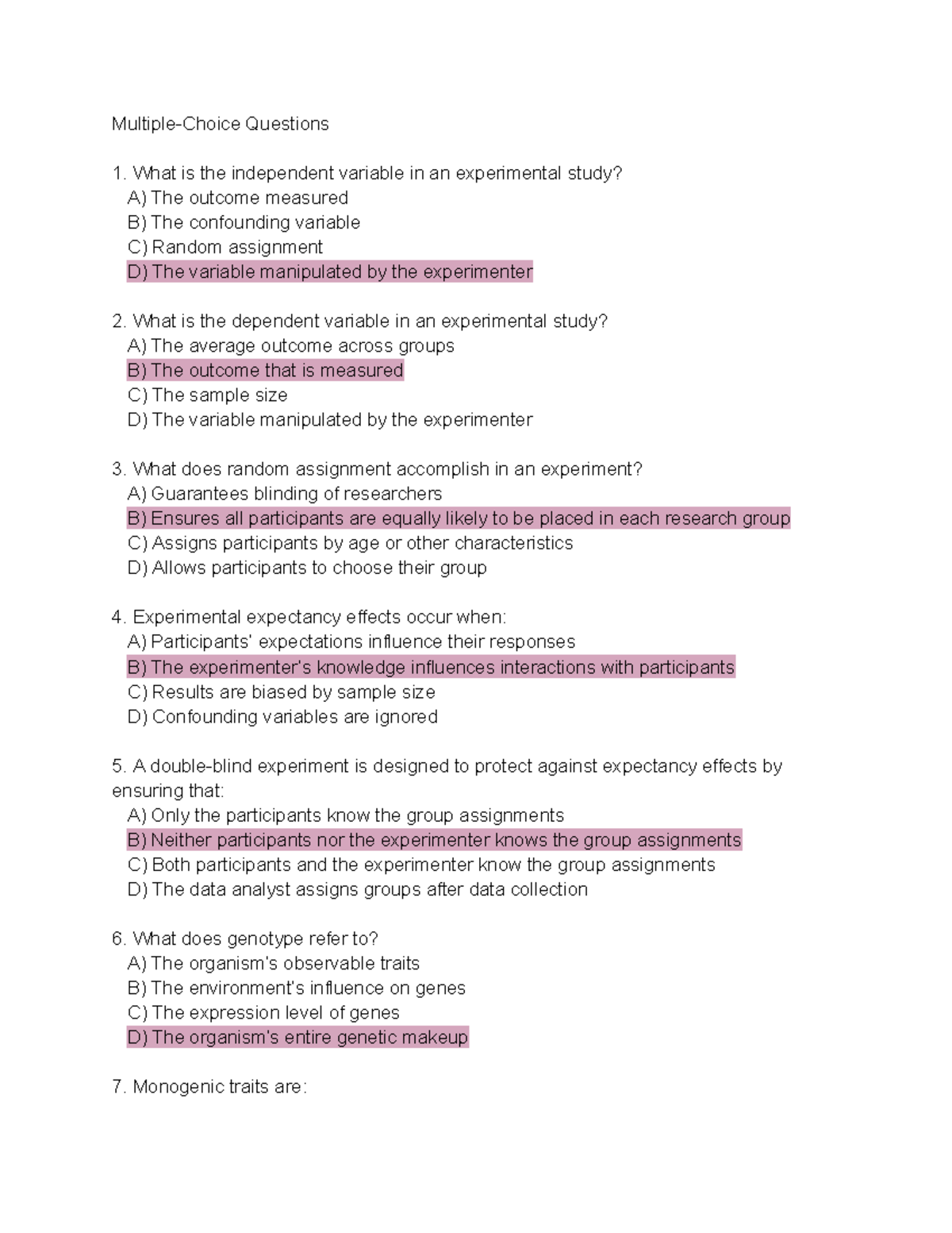 Psychology MCQs Study Guide for Exam Preparation - Studocu
