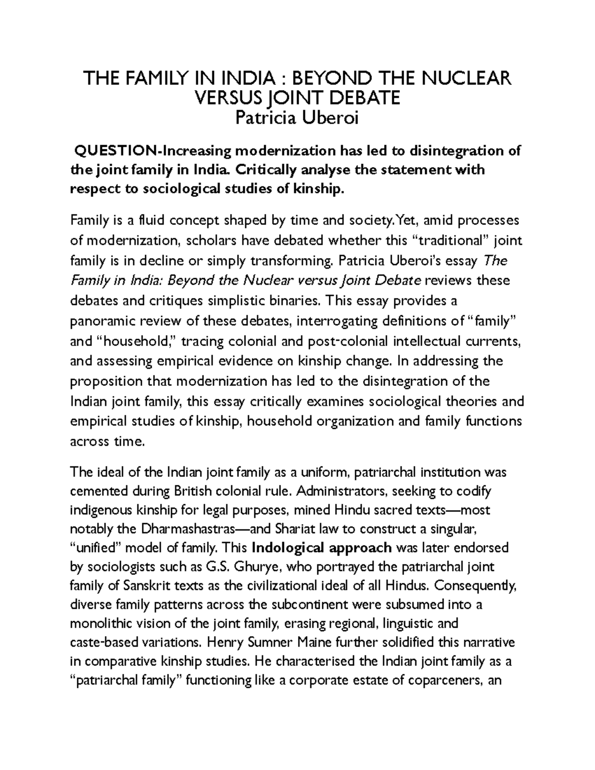 Uberoi: The Family in India - Beyond Nuclear vs. Joint Debate - Studocu