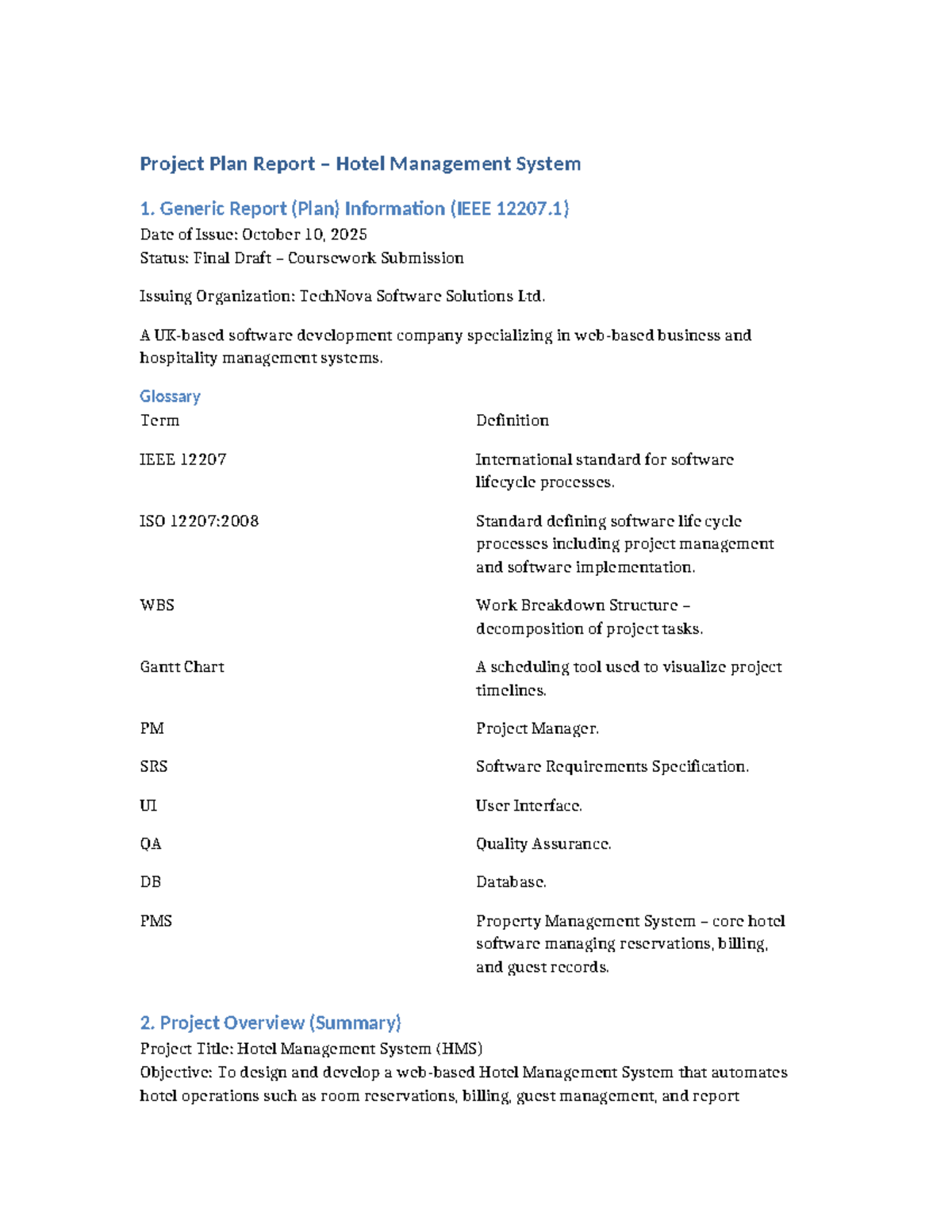 Hotel Management System Project Plan Report (Course Code: 12207) - Studocu