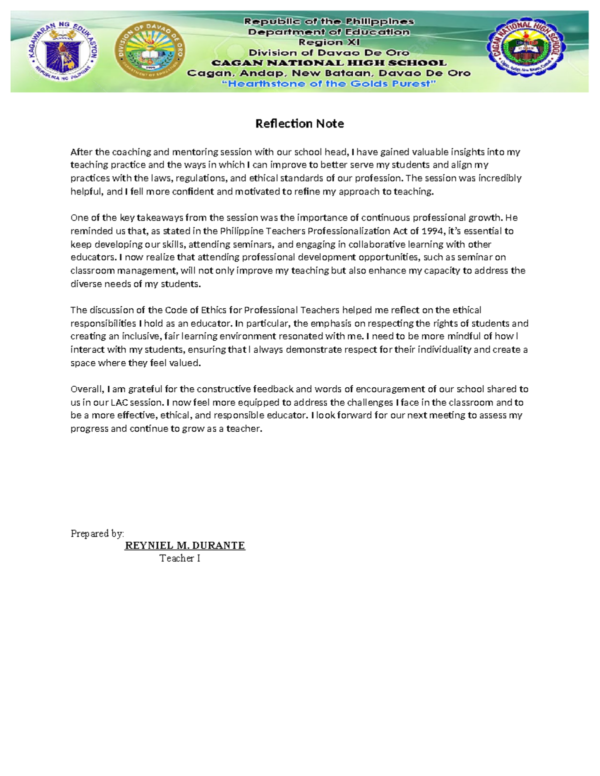 Reflection Note on Coaching Session: Insights for Teacher Growth - Studocu