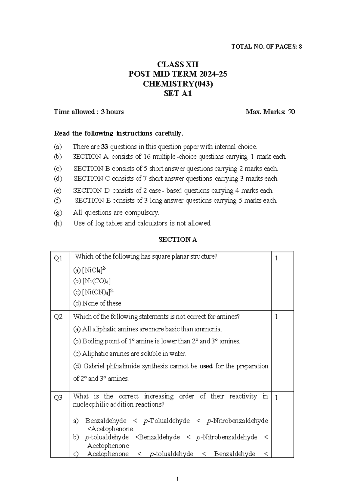Class XII Post Midterm Chemistry (043) Exam Paper Set A1 - Studocu