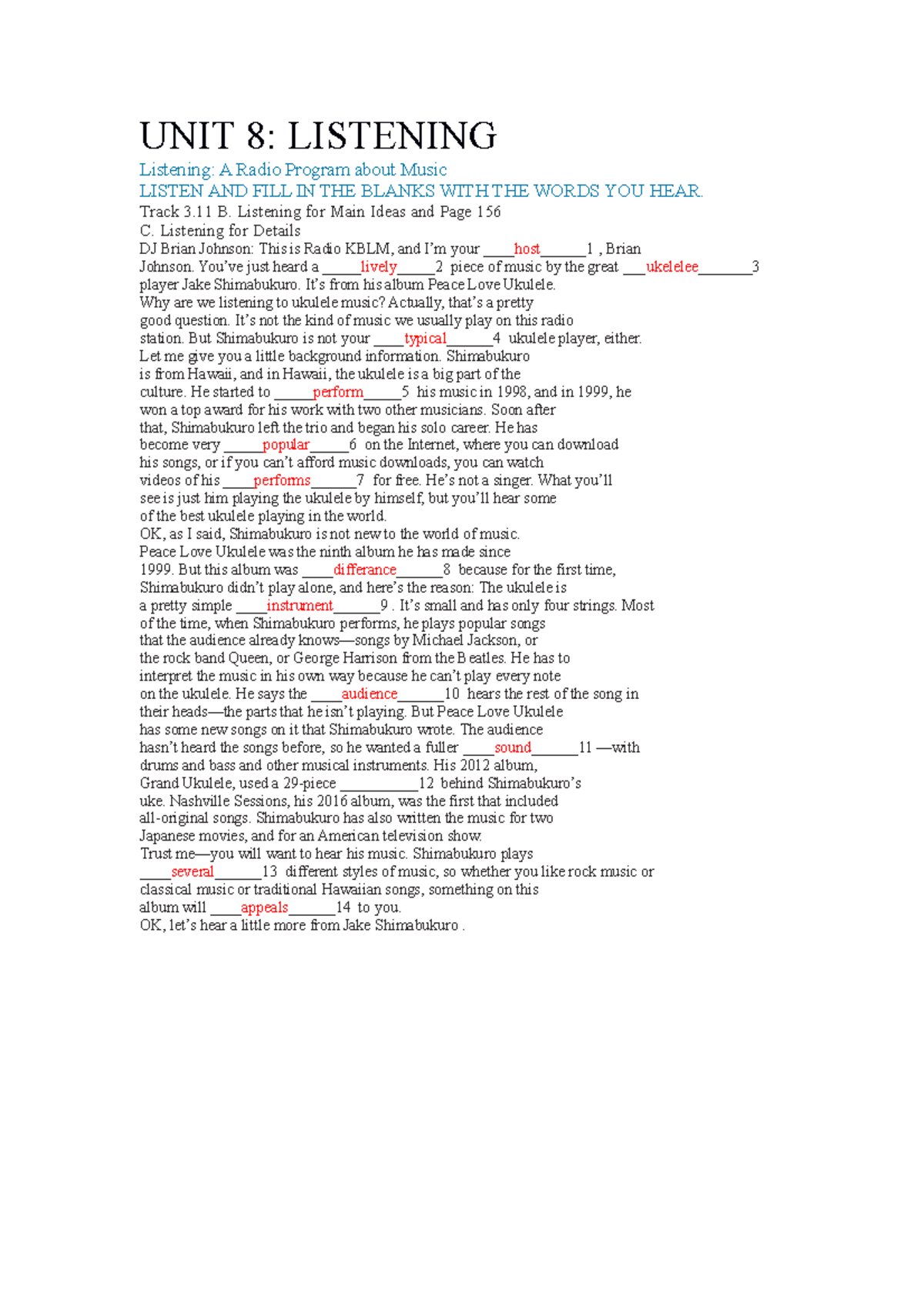 UNIT 8 Listening: Music Insights from DJ Brian Johnson - Studocu