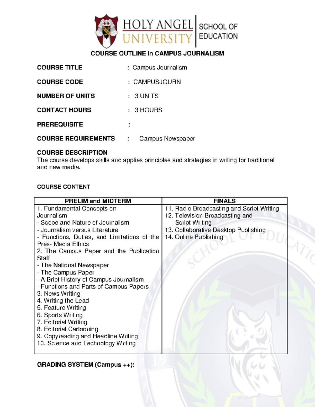 Campusjourn Campus Journalism Course Syllabus And Outline Studocu