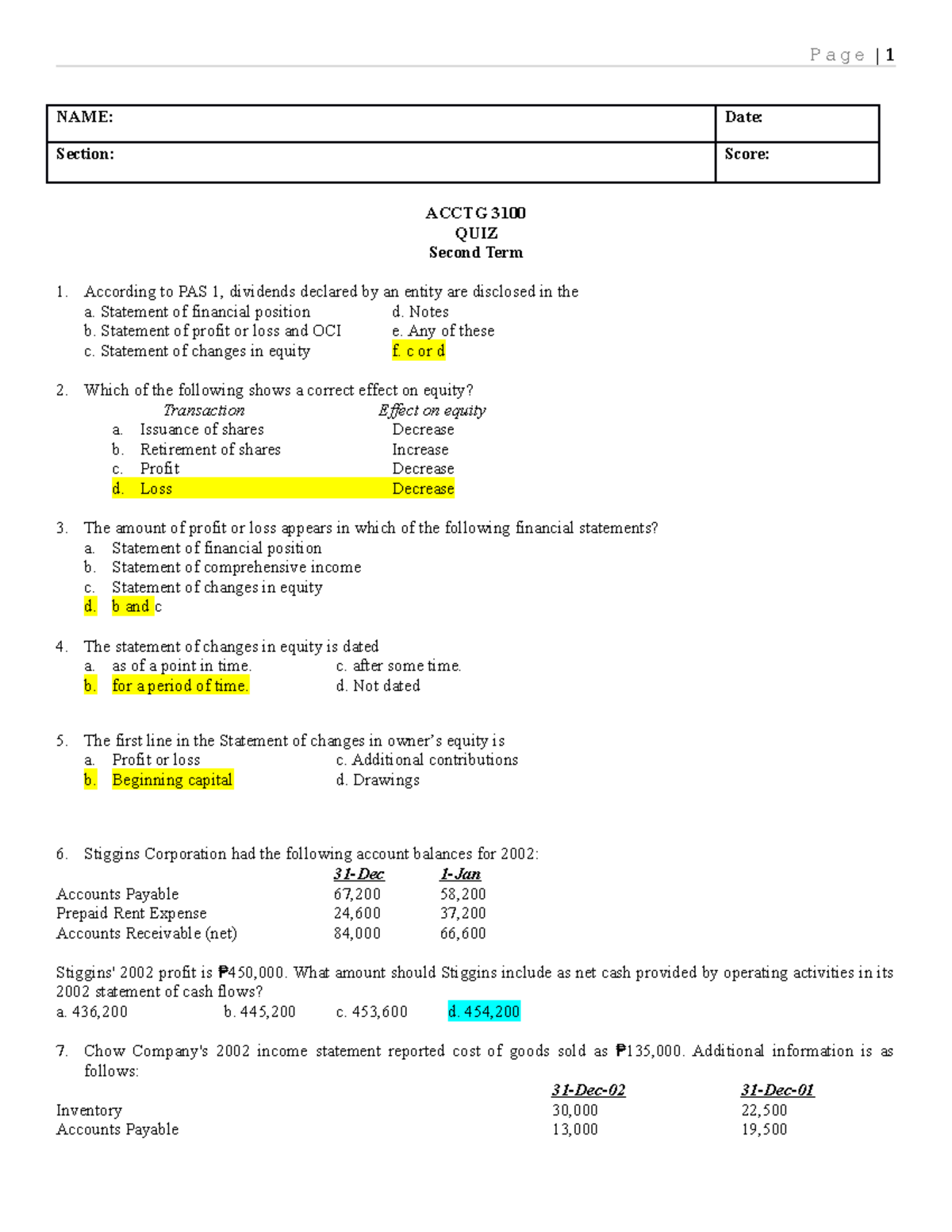 ACCTG 3100 Quiz 5 & 6 Answer Key and Solutions - Studocu