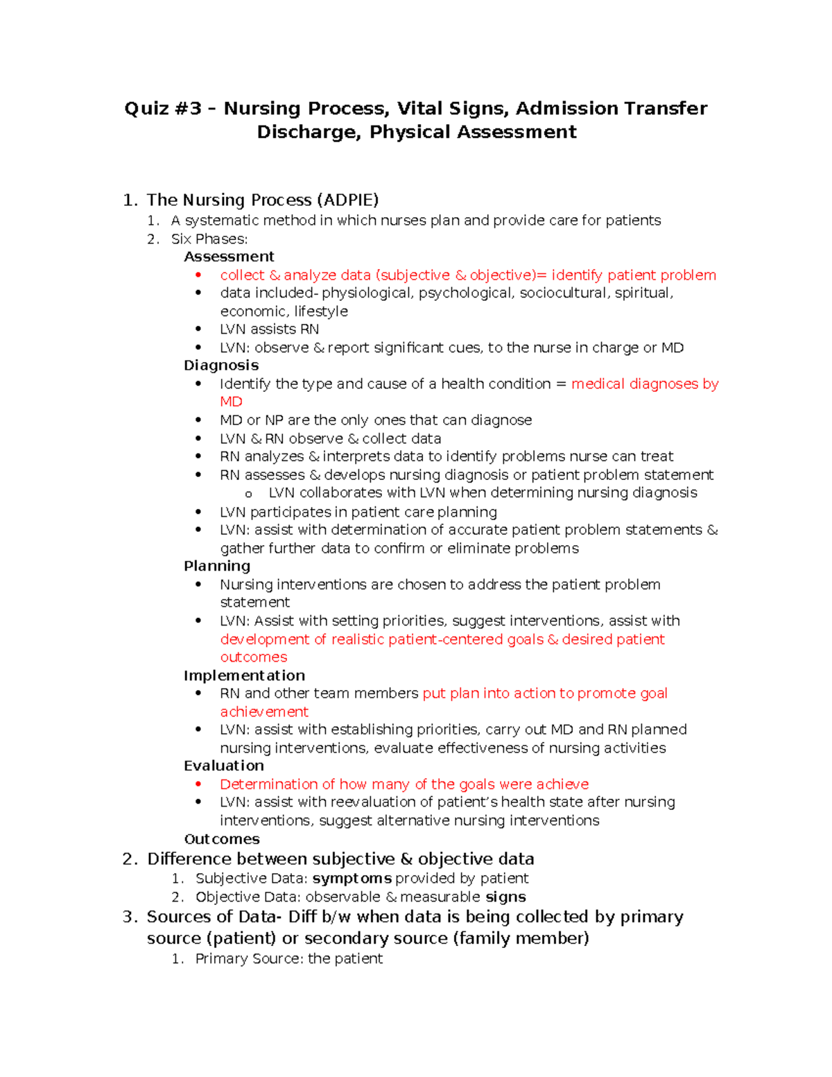 Quiz #3 Study Guide: Nursing Process, Vital Signs & Assessment - Studocu