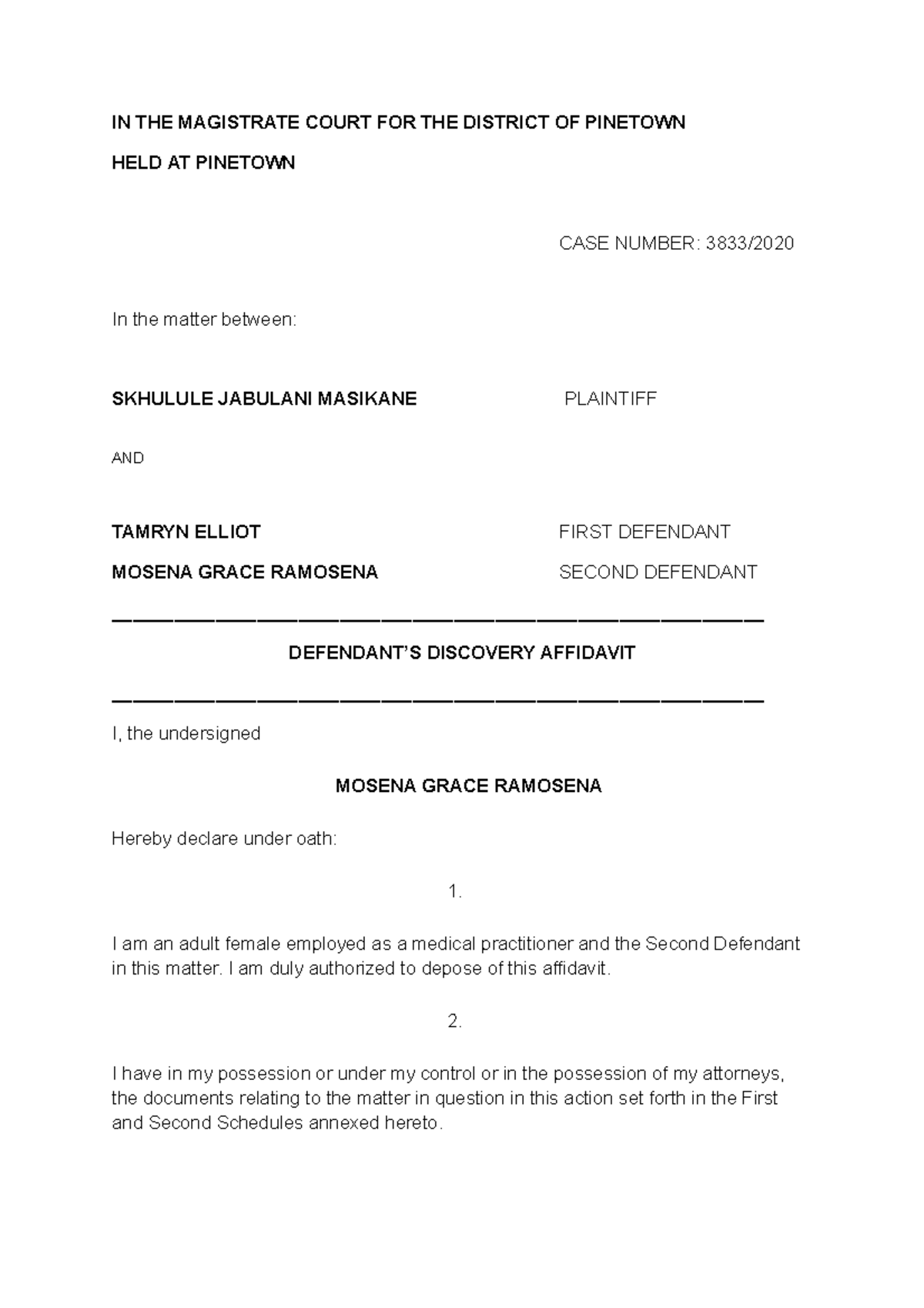 Defendant's Discovery Affidavit - Case No. 3833/ in Pinetown Court ...