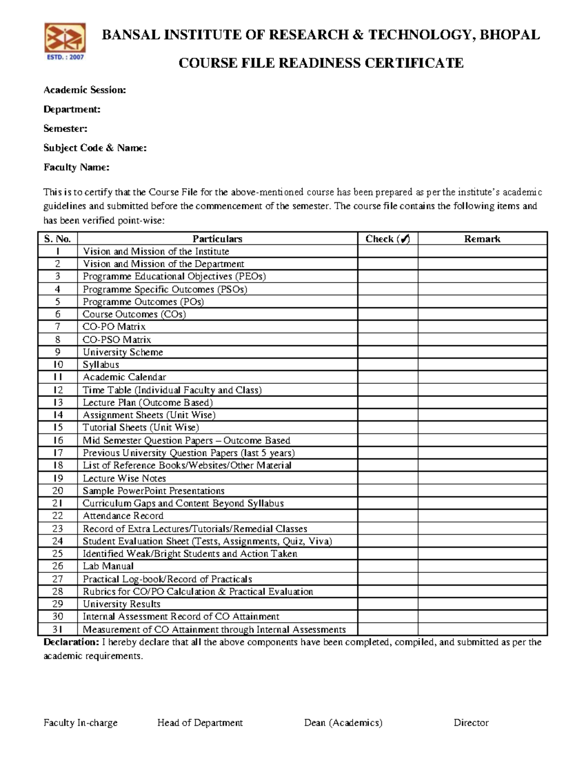 Course File Readiness Certificate (BIRT) for Academic Session - Studocu