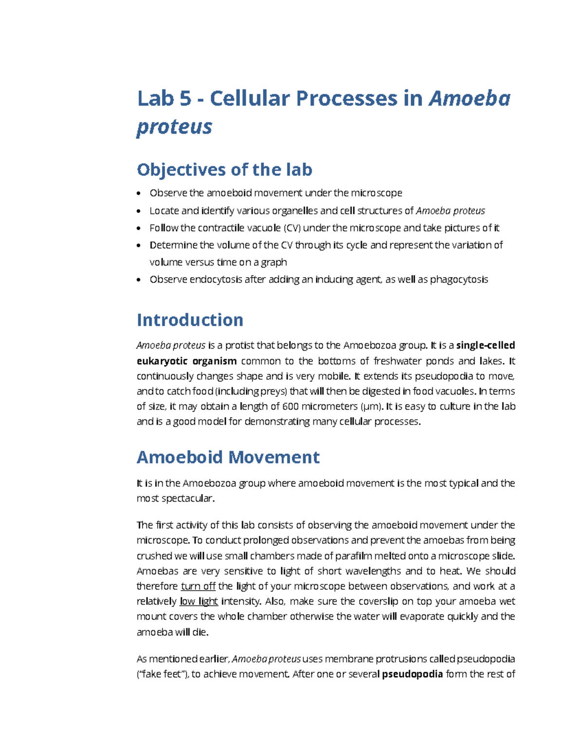 Amoeba W23 EN - Lab 5 - Cellular Processes in Amoeba proteus Objectives ...