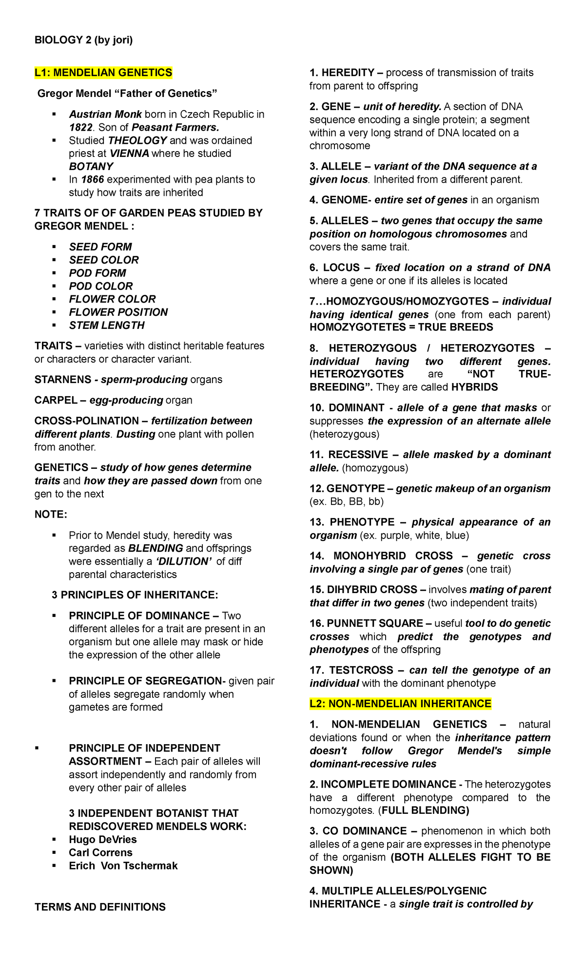 BIOLOGY 2 (Jori) L1-L4: Mendelian Genetics & Inheritance Review - Studocu