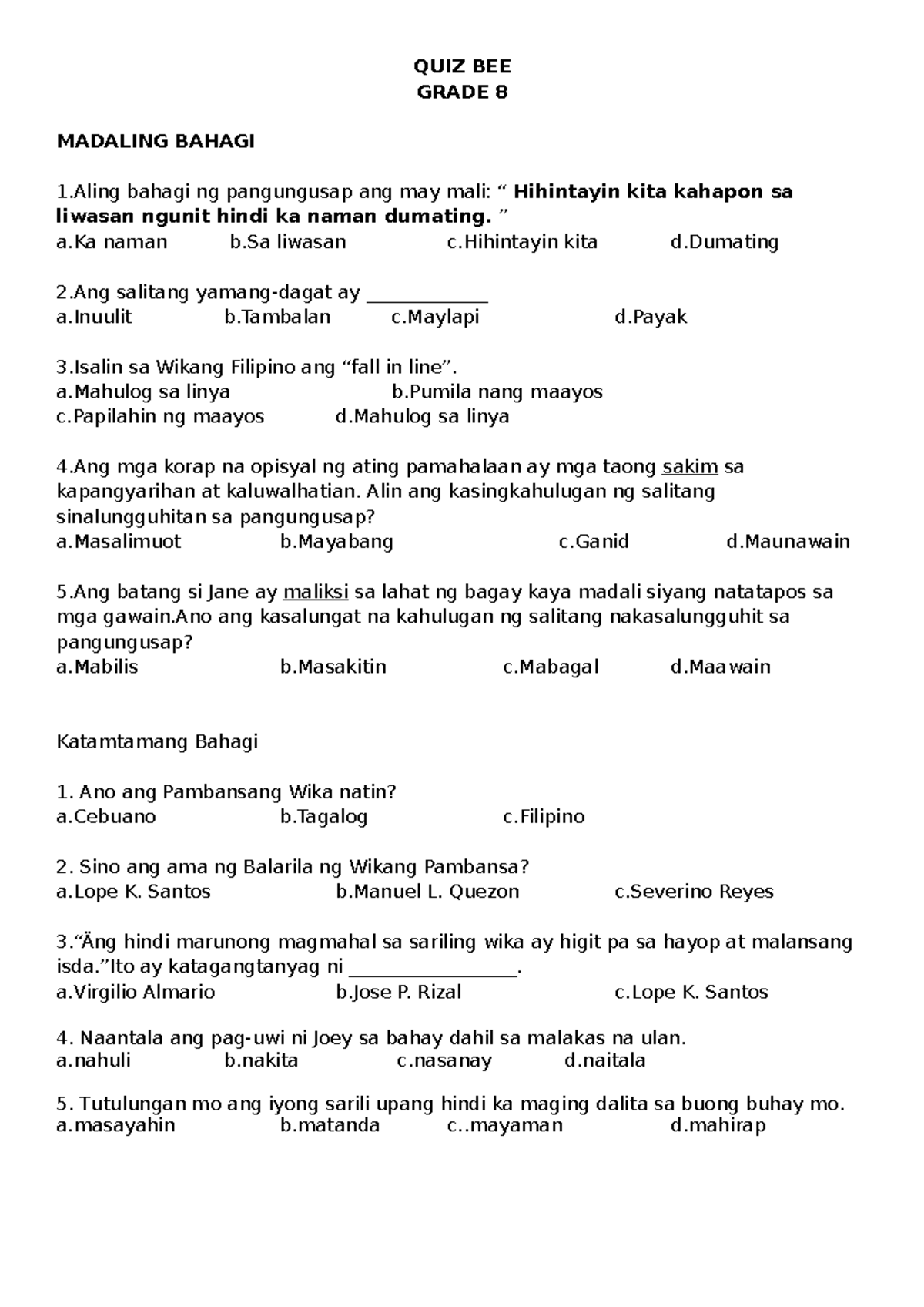 QUIZ BEE GRADE 8: Pagsusulit sa Wika at Kalusugan - Studocu