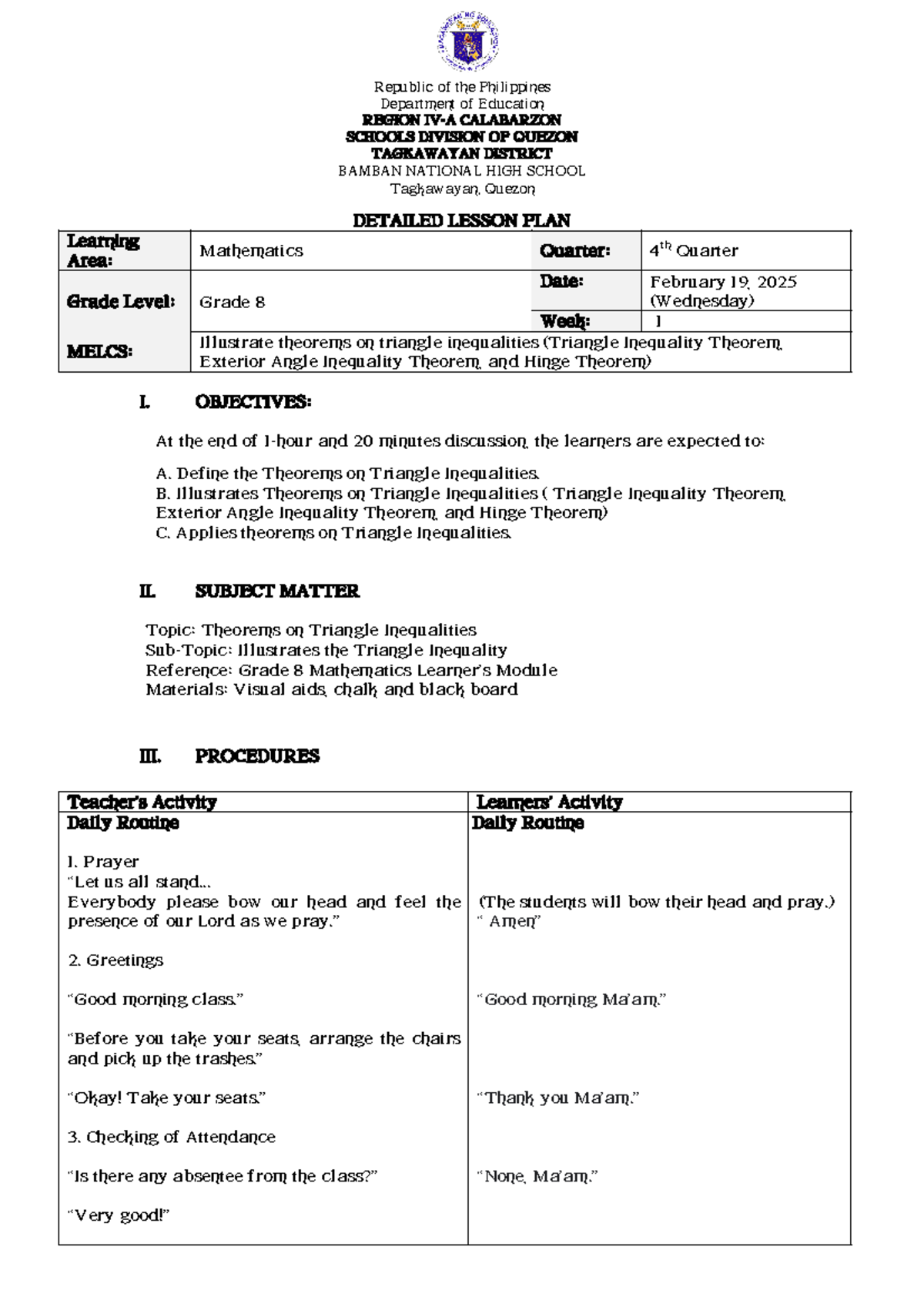 DLPGrade 8 4th Quarter - Lesson plan - Republic of the Philippines ...