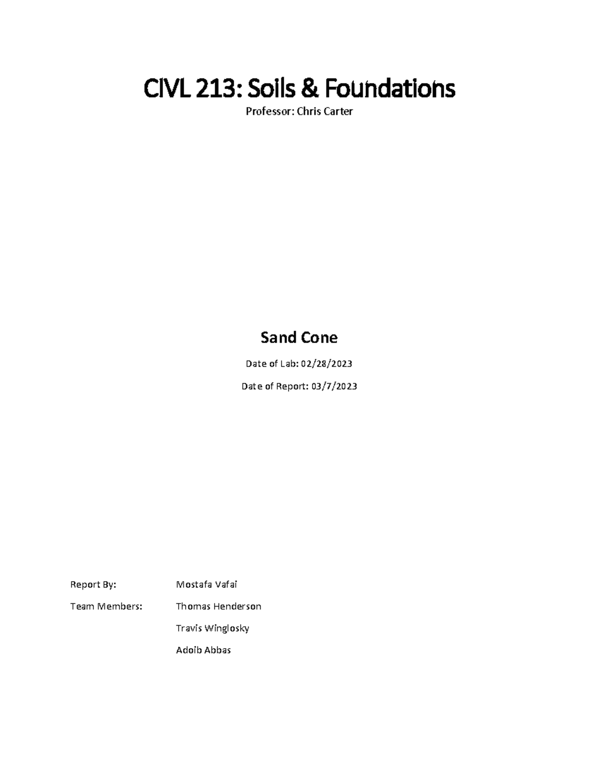 Sand cone - sand cone lab report - CIVL 213 : Soils & Foundations ...