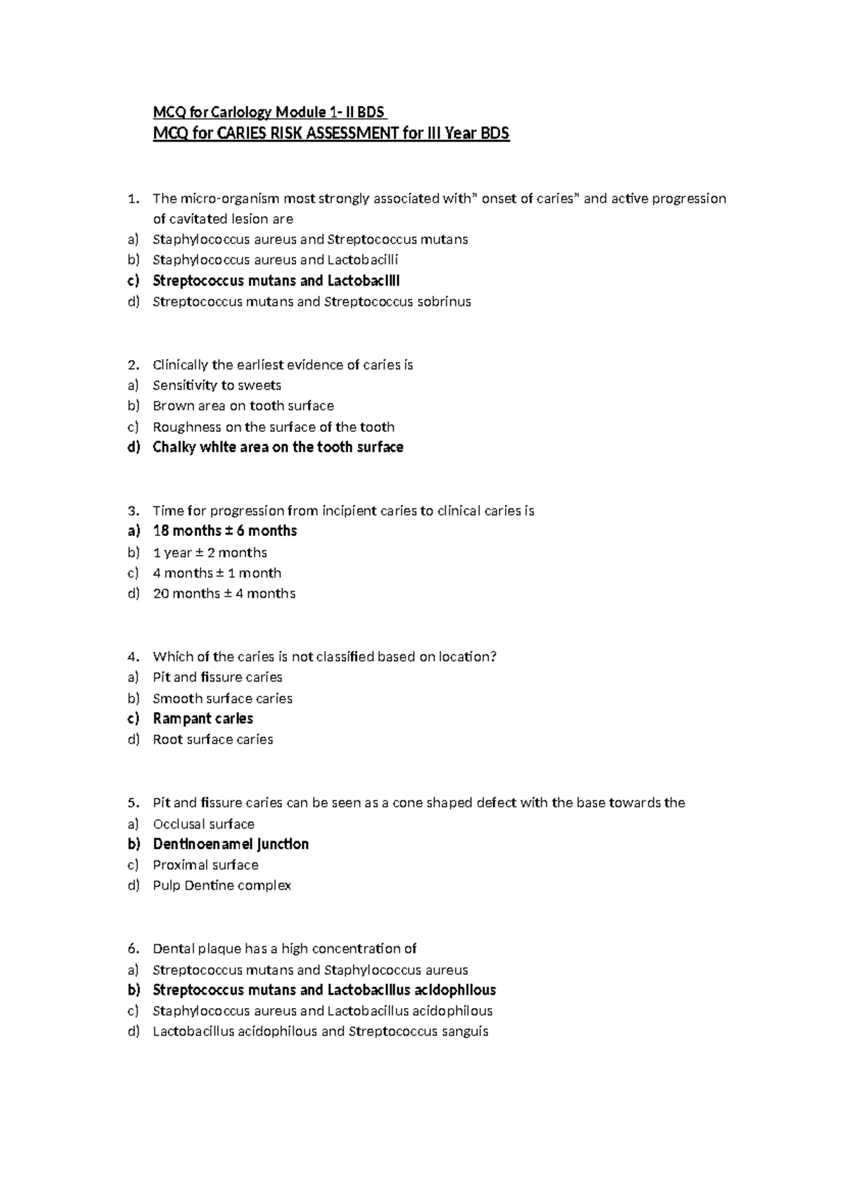 MCQ for Cariology Module 1 - II BDS: Dental Caries Assessment - Studocu