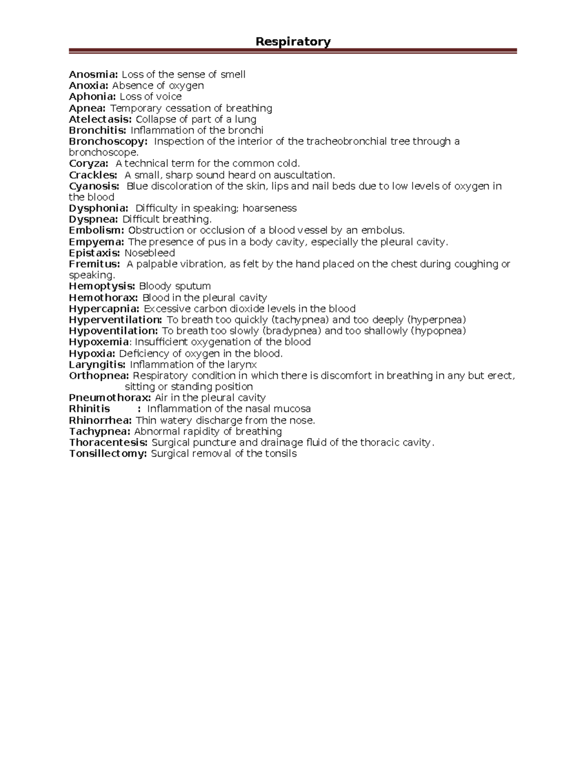 NUR1211 Respiratory Terminology: Key Terms and Definitions - Studocu