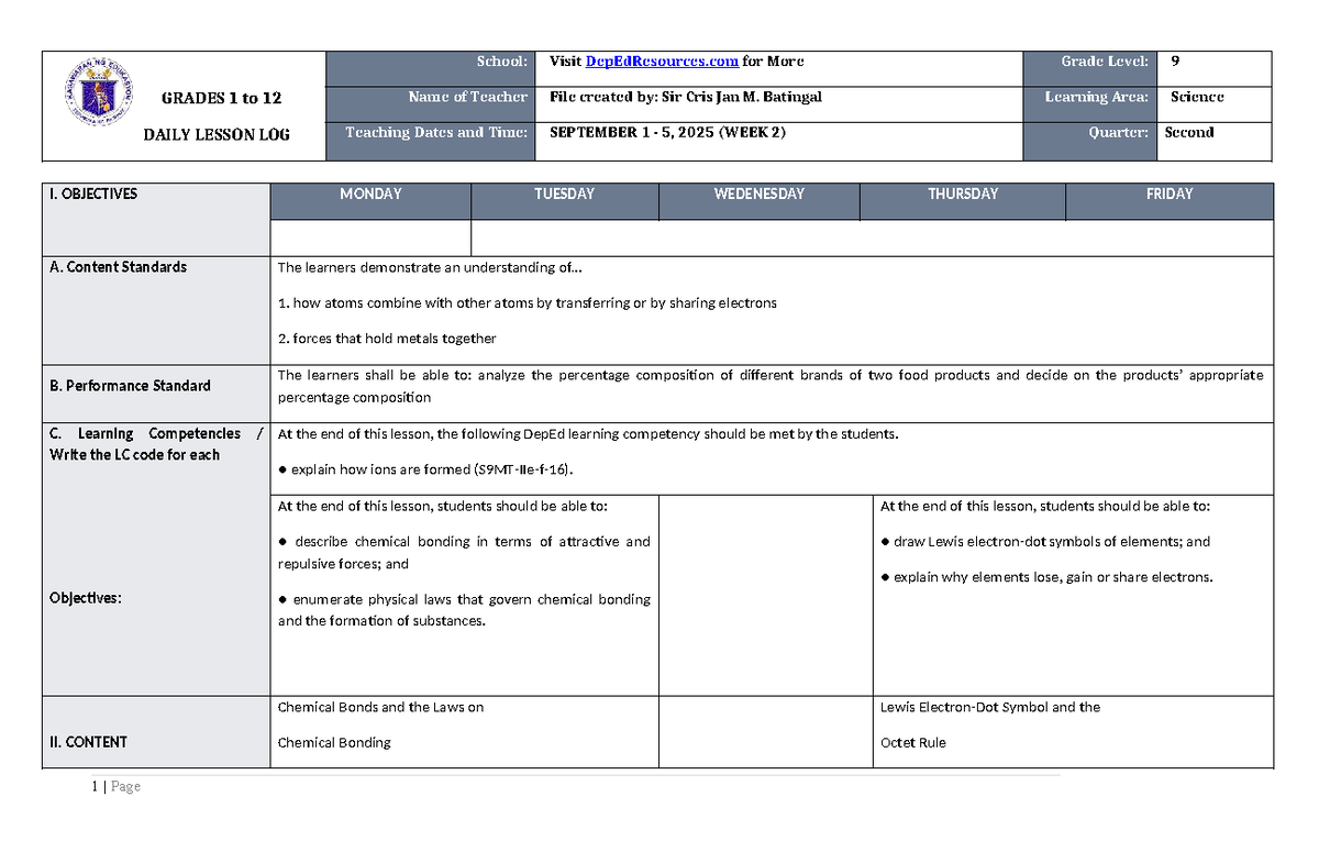 DLL Science 9 Q2 W2 - Chemical Bonding and Lewis Symbols - Studocu