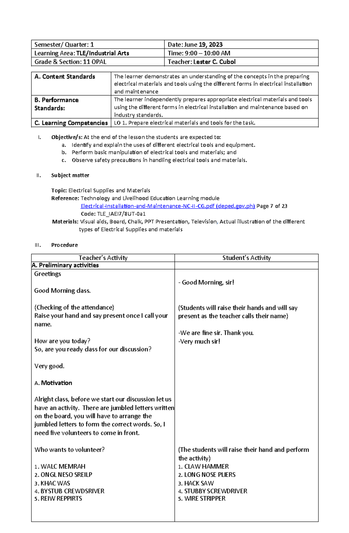 Detailed Lesson Plan: Electrical Materials & Tools (Grade 11 TLE) - Studocu