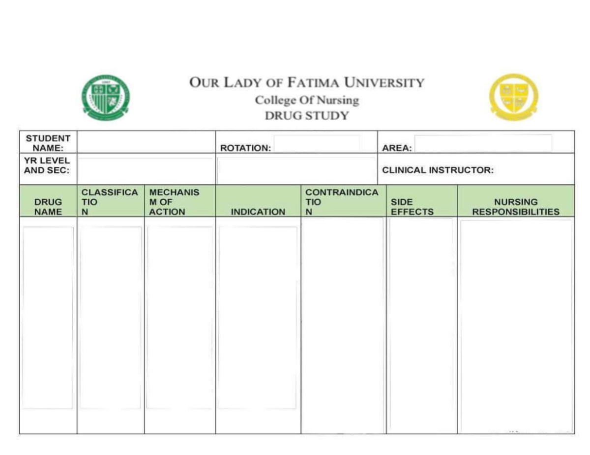 Drug-Study - notes - Nursing - OUR LADY OF FATIMA UNIVERSITY College Of ...