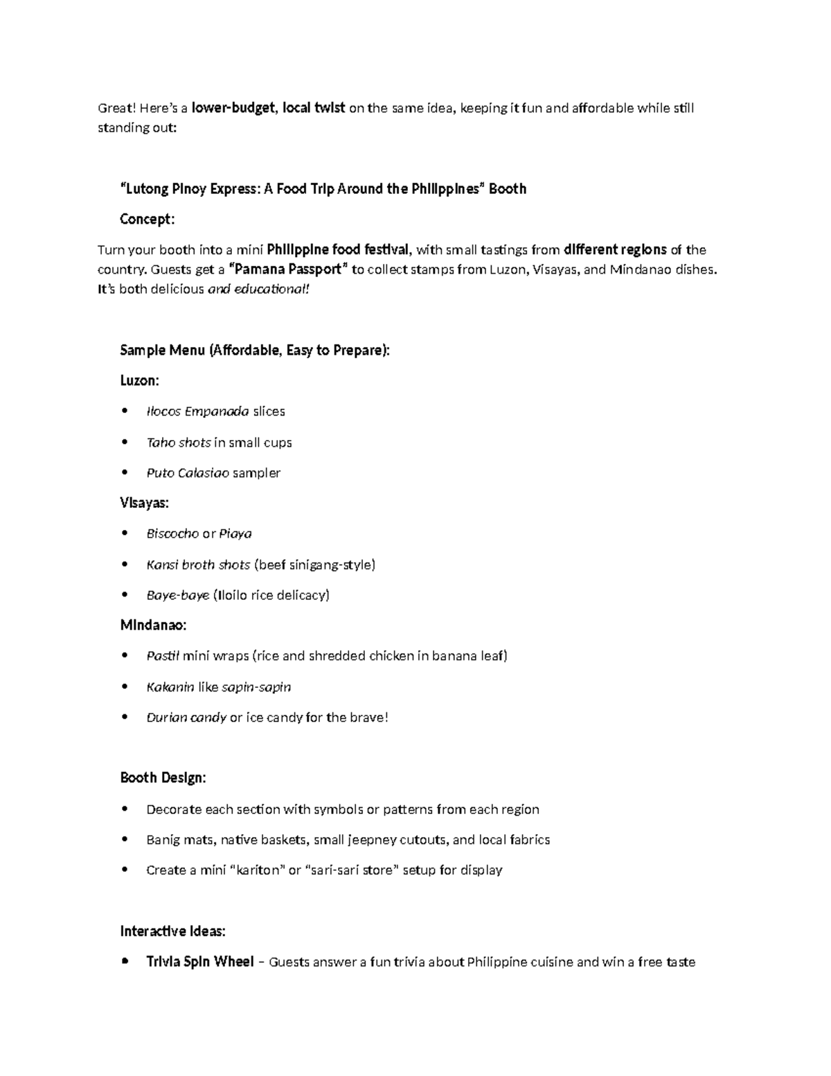 Booth Suggestions: Pinoy Express Food Trip Concept (Final Project ...