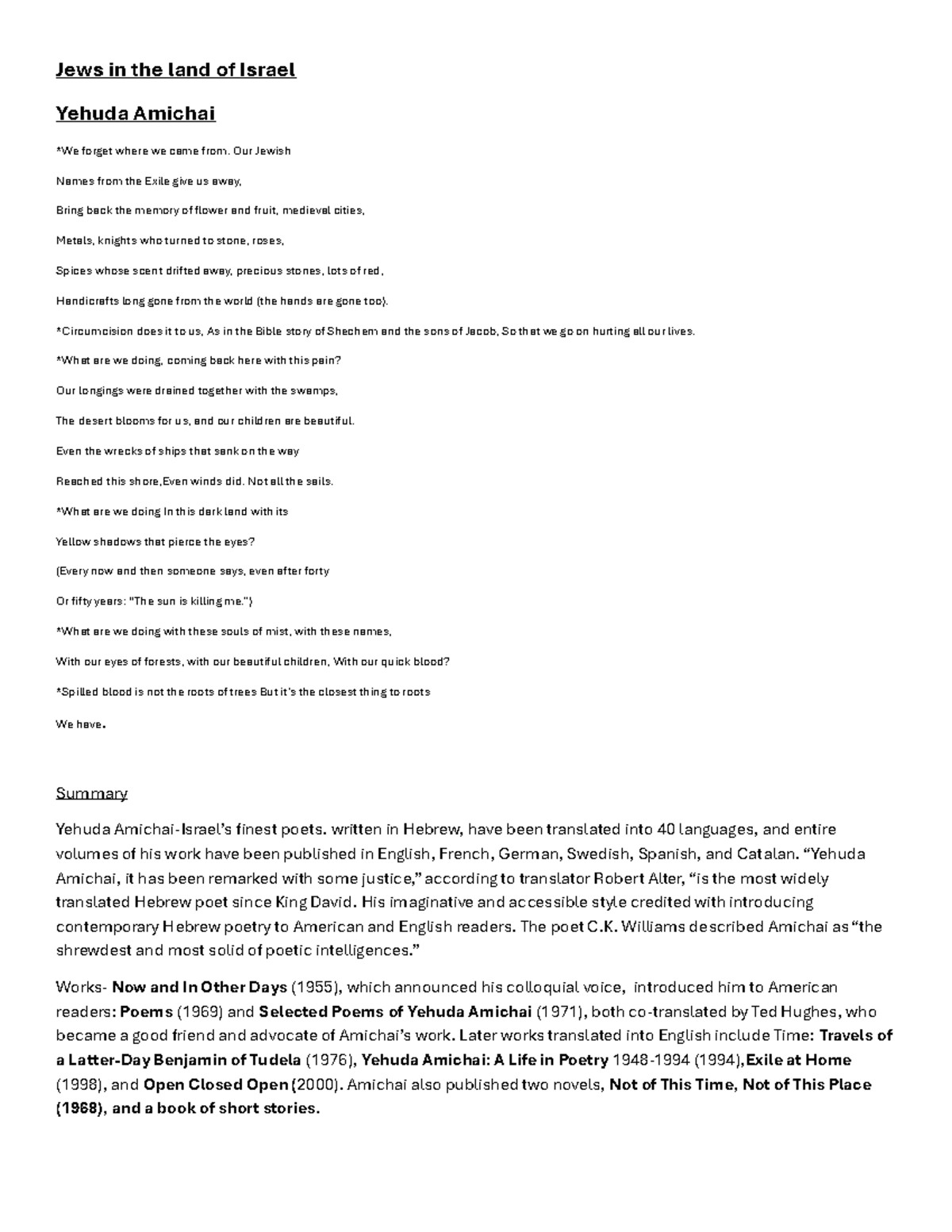 Yehuda Amichai's Poem: Jews in the Land of Israel Analysis - Studocu