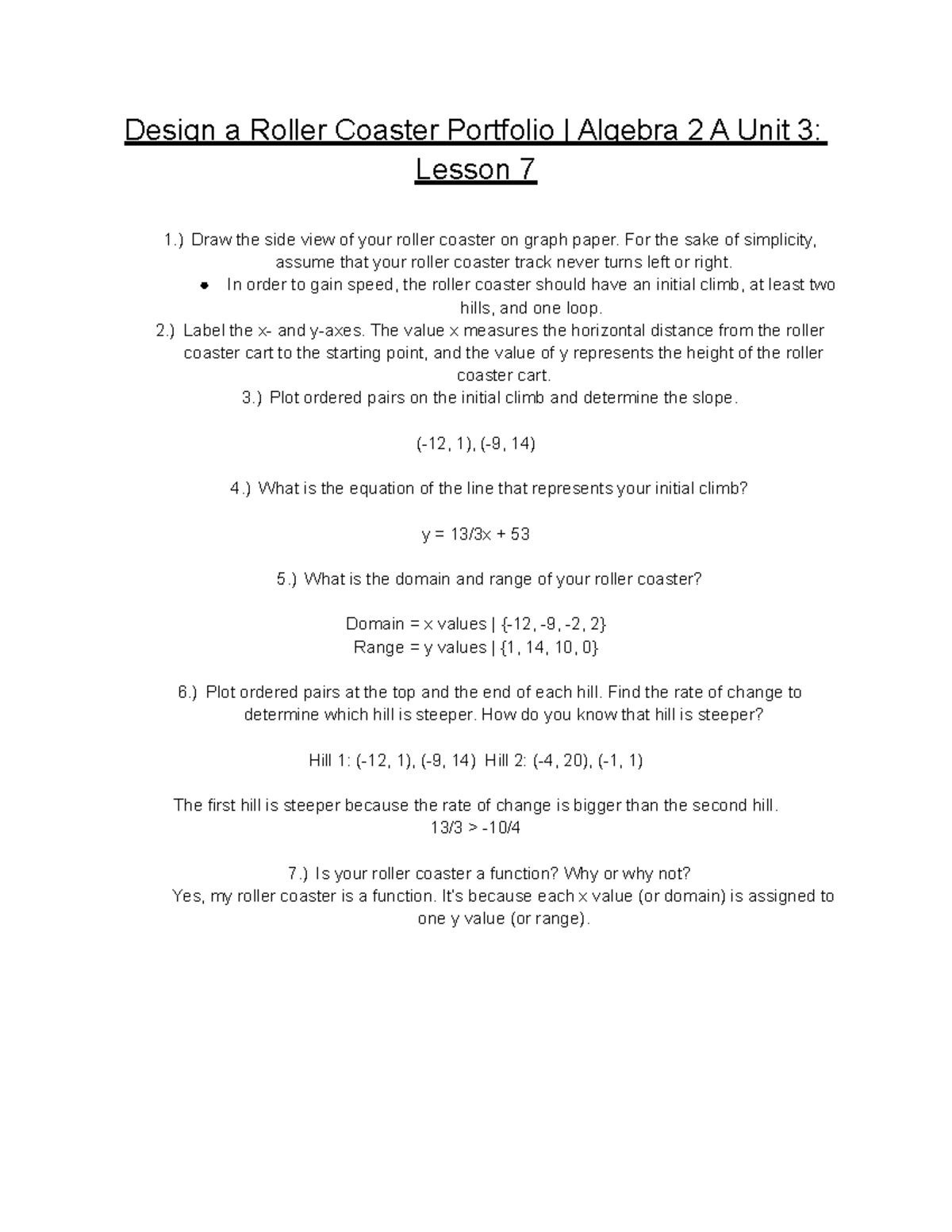 Roller Coaster Design Portfolio: Algebra 2 A Unit 3 Lesson 7 - Studocu