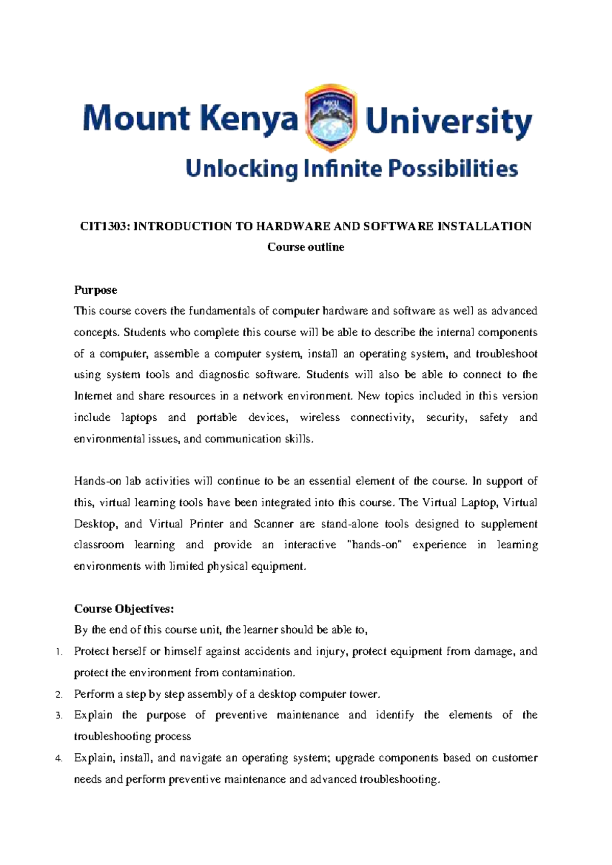 CIT1303: Course Outline for Hardware & Software Installation - Studocu