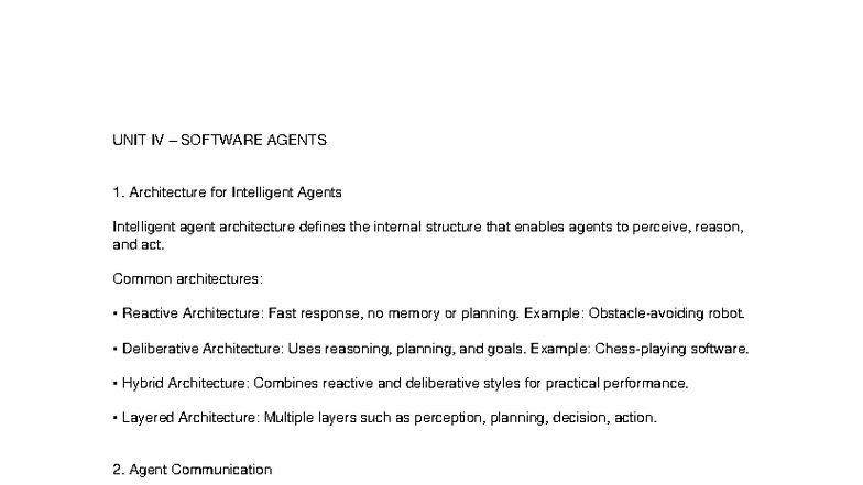 UNIT IV SOFTWARE AGENTS: Architecture, Communication & Negotiation ...