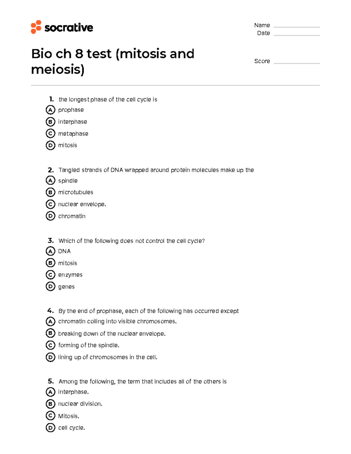 Quiz Bio 101 Ch 8: Mitosis and Meiosis Review Questions - Studocu