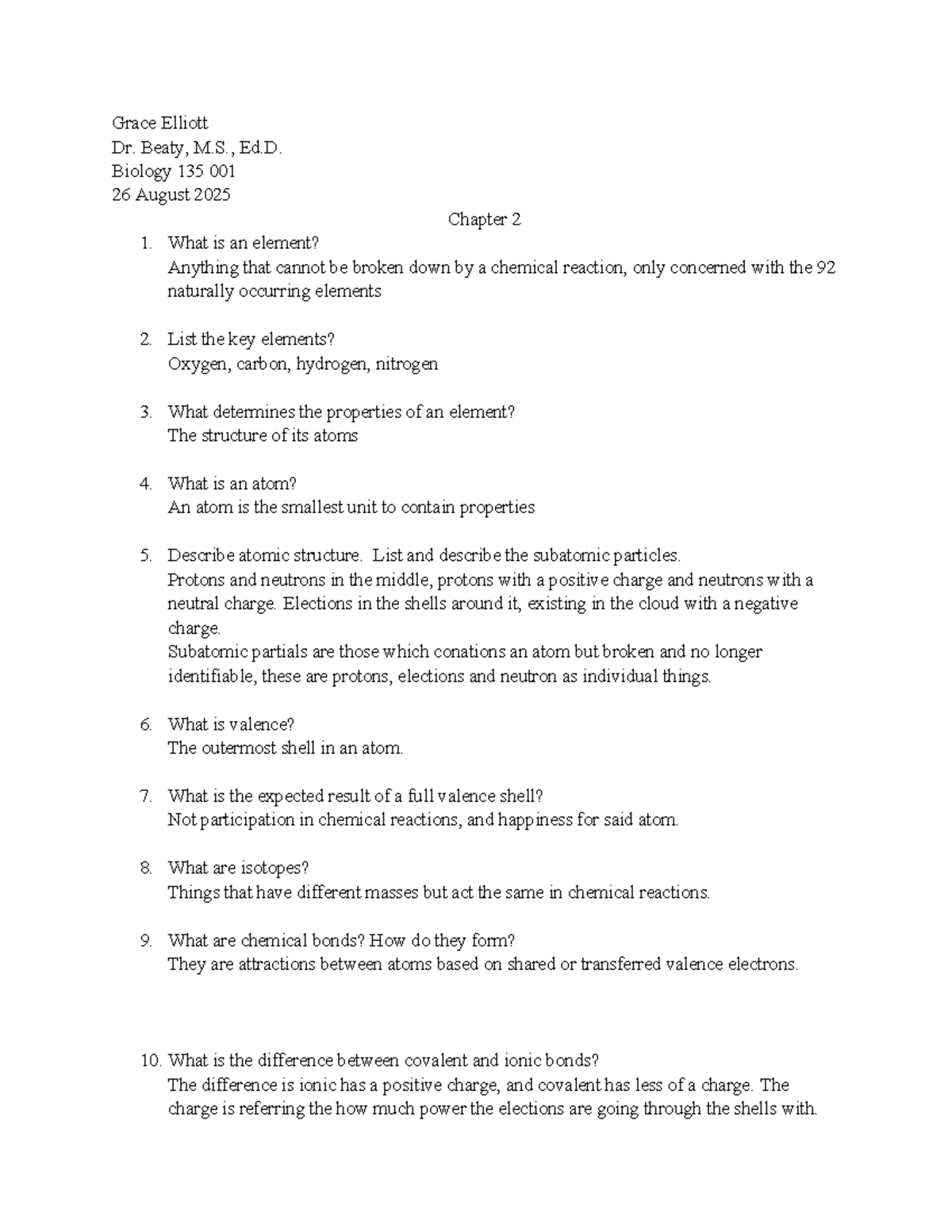 Biology 135 001 - Chapter 2: Elements, Atoms & Chemical Bonds - Studocu