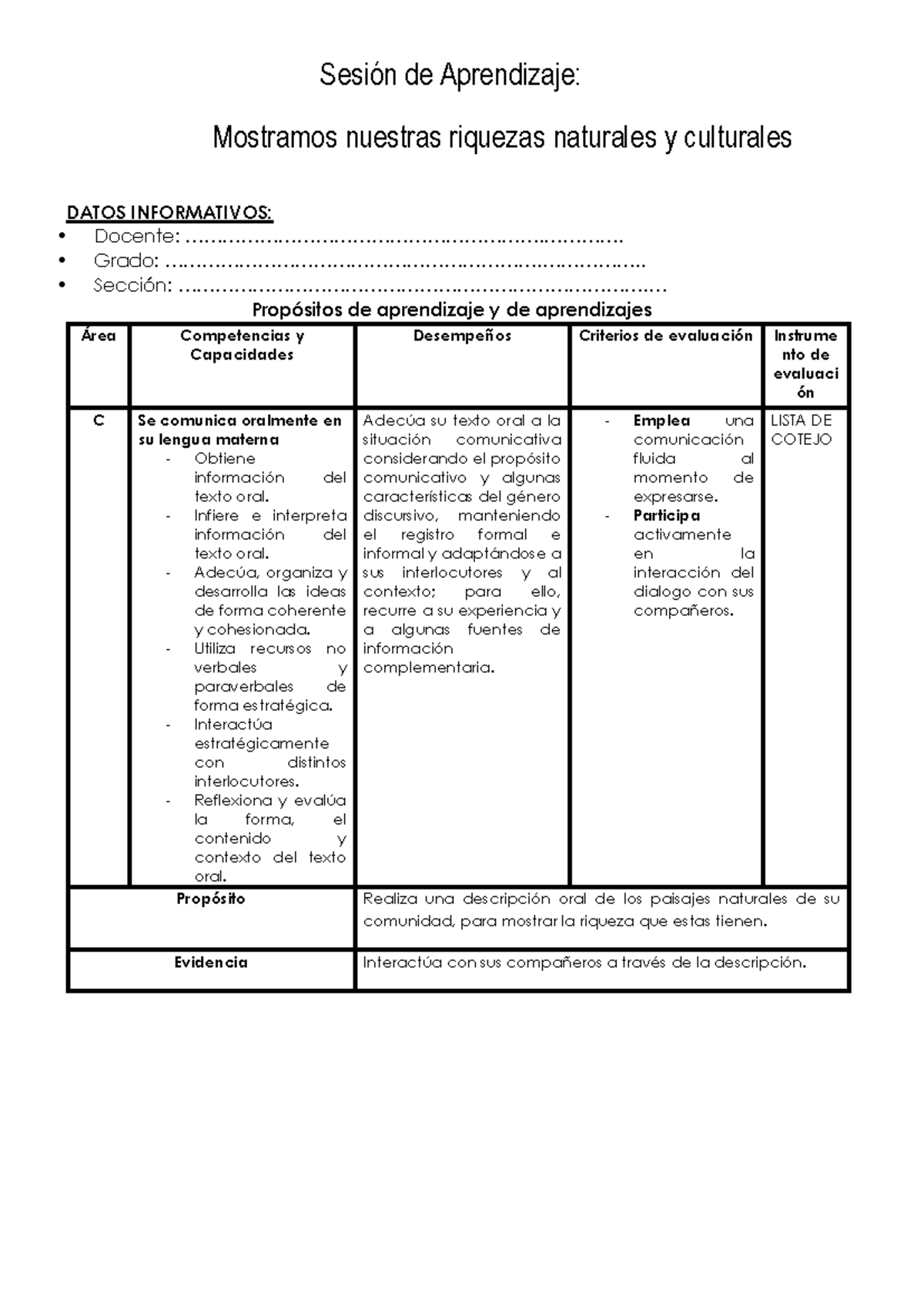Sesiones DE Aprendizaje Mostramos Nuestras Riquezas Naturales Y ...