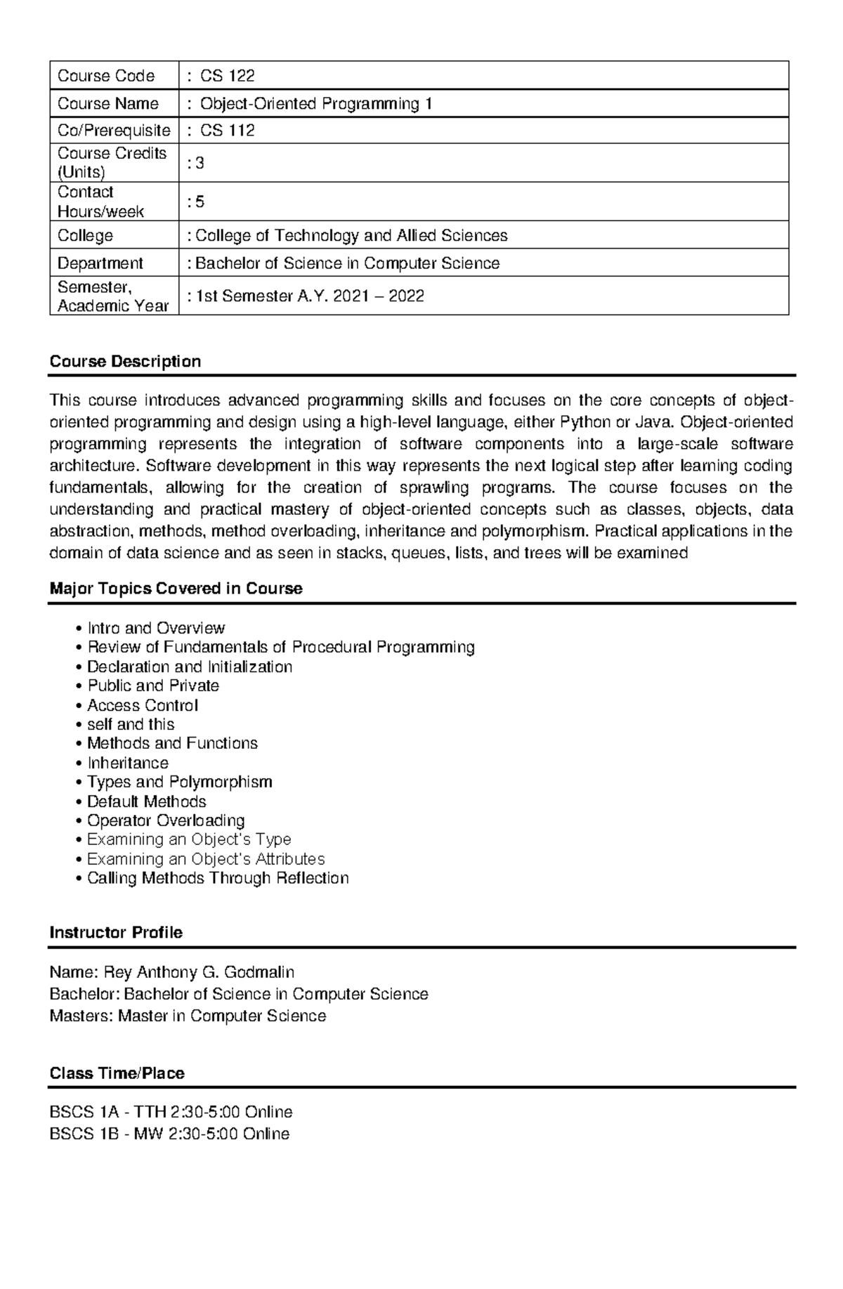 Object Oriented Programming 1 Course Guide Course Description This Course Introduces Advanced