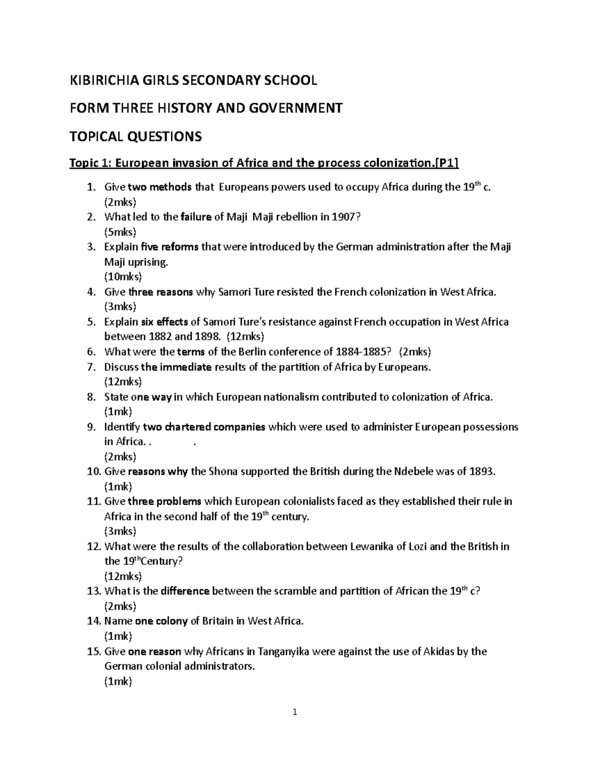 History Revision Questions for Form 3 - KIBIRICHIA GIRLS SEC. - Studocu